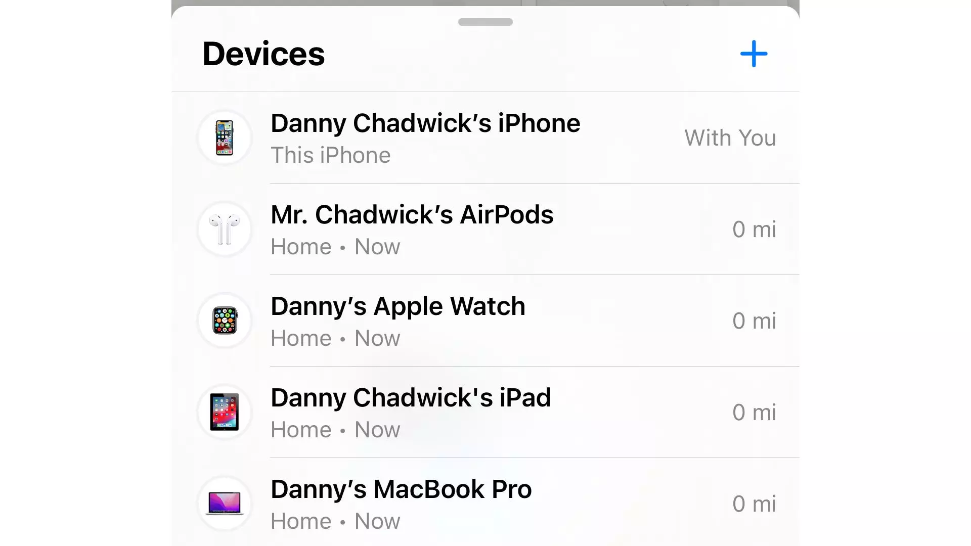 Спіс асабістых прылад Apple у праграме Find My iPhone.