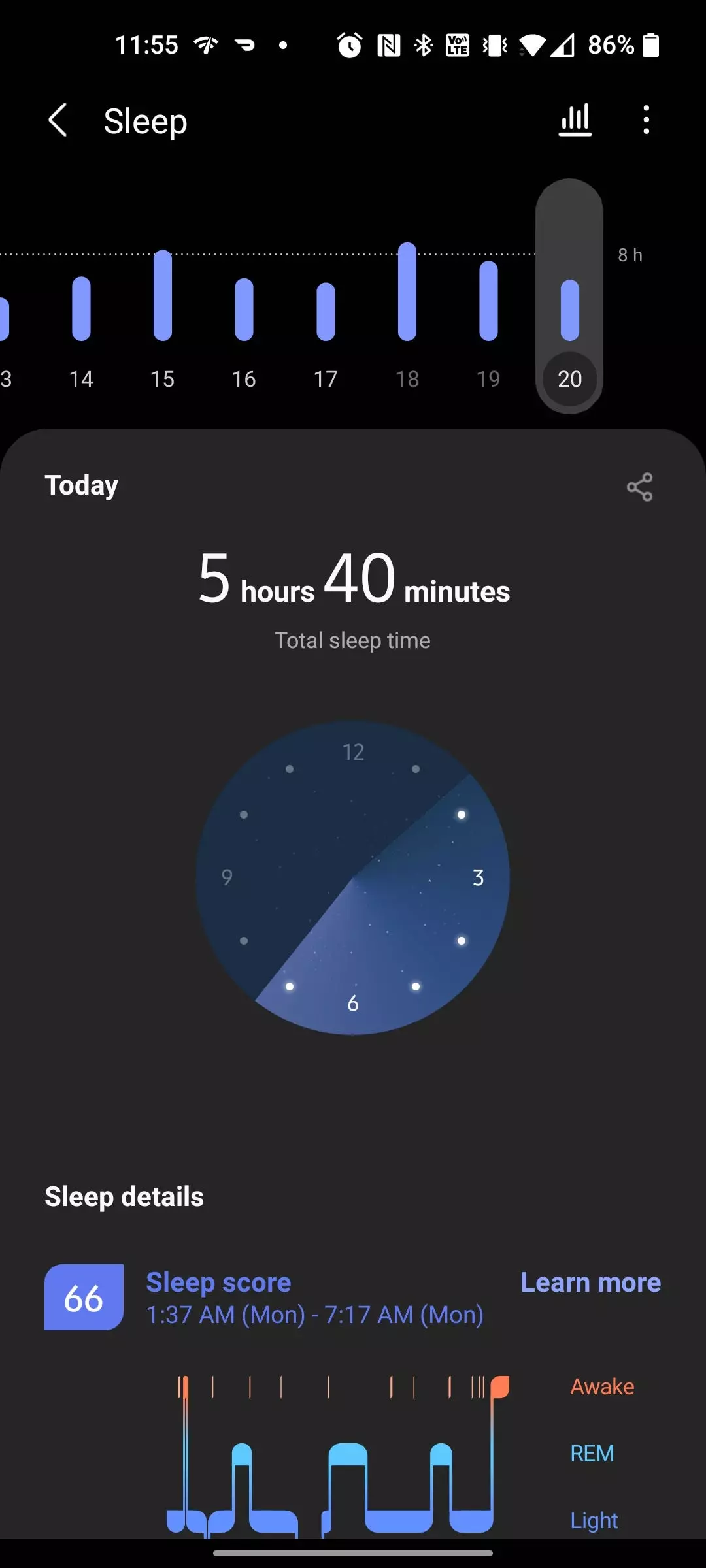 O aplicație Samsung care arată urmărirea somnului.