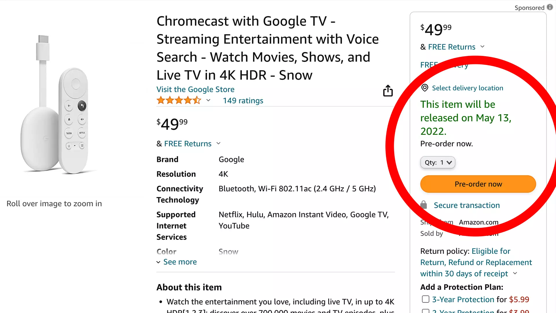 A listagem atualizada do Chromecast da Amazon com um