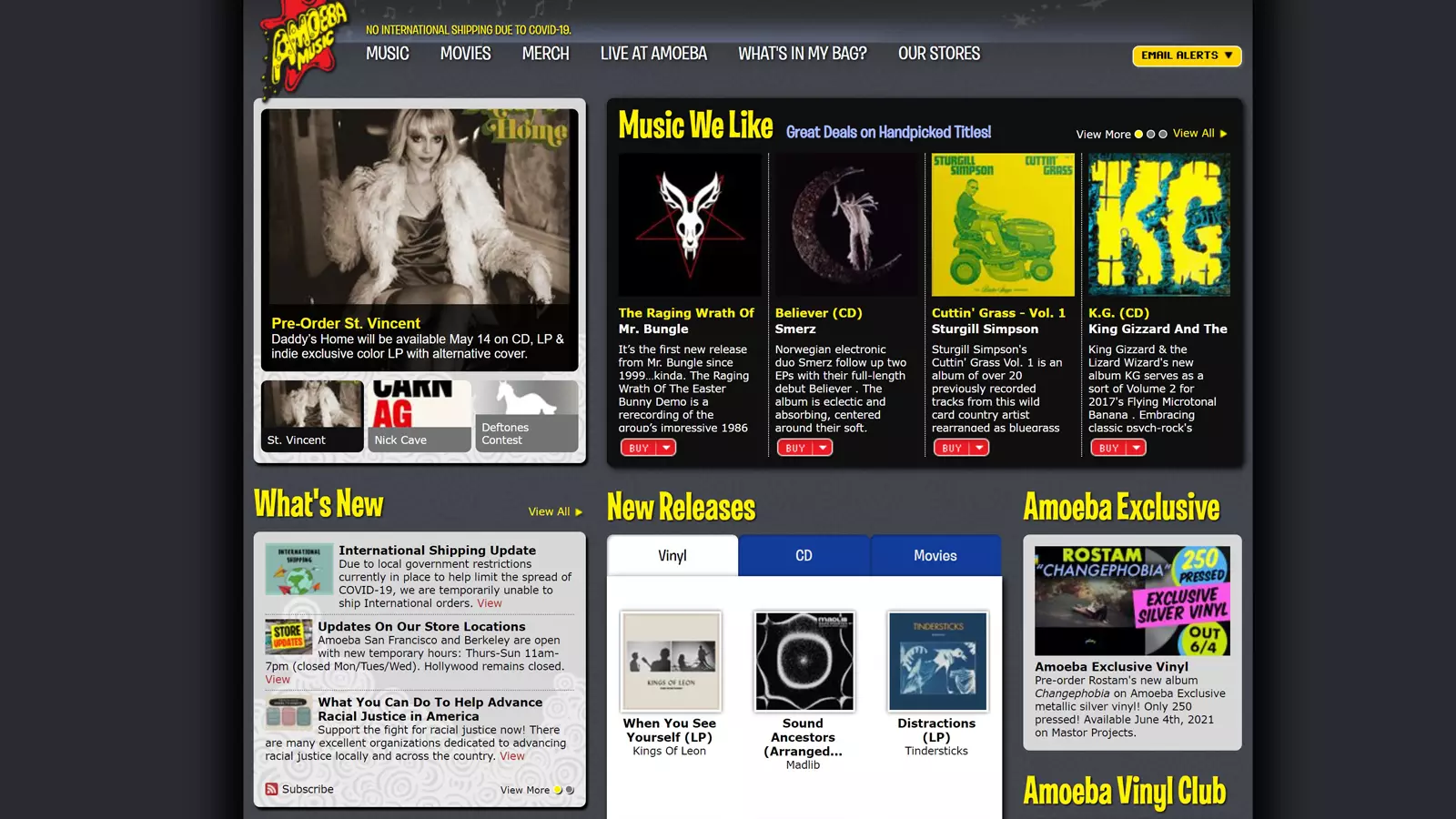 Amoeba 音乐主页，包含黑胶唱片和即将举行的活动