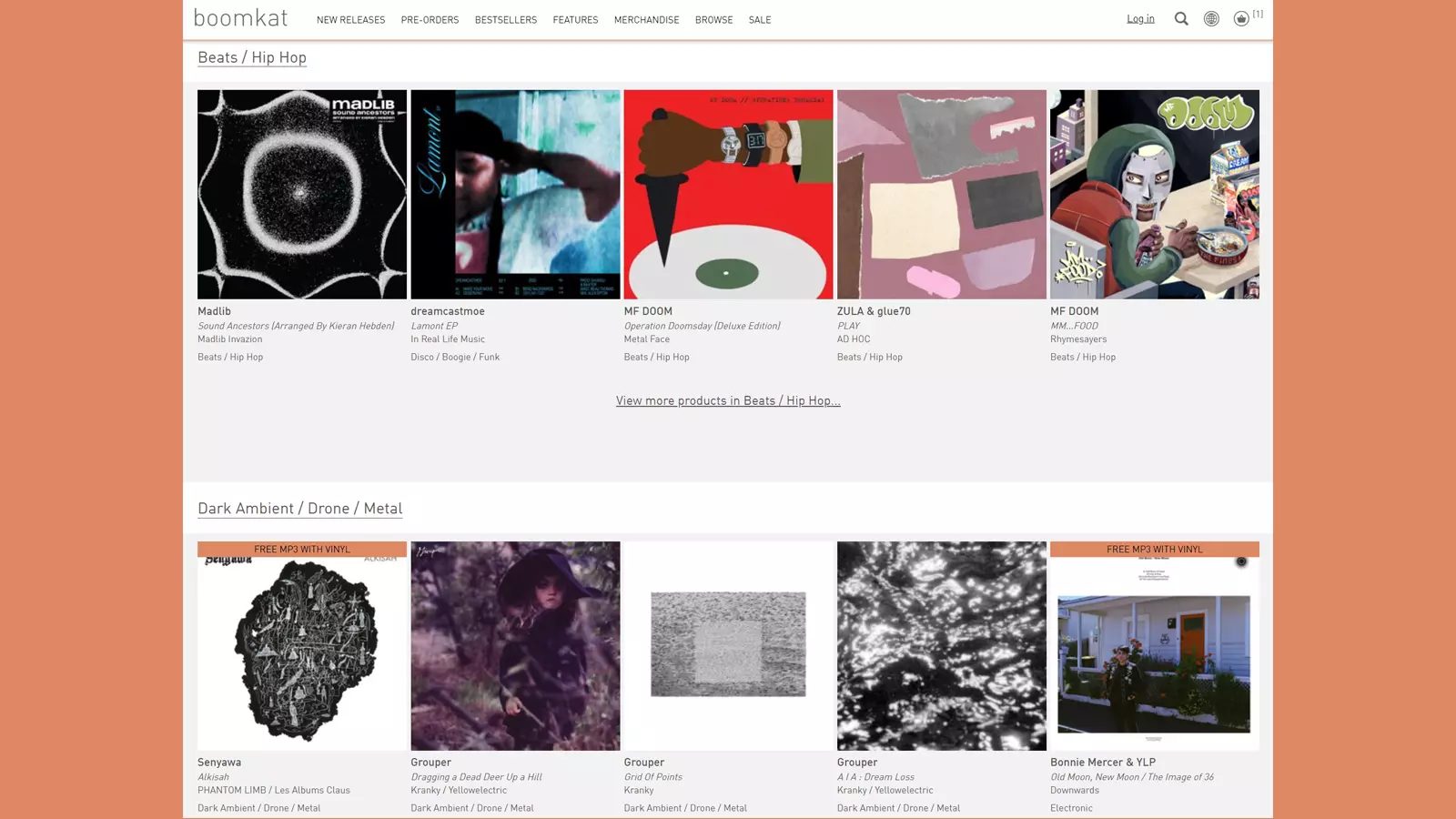 Pagina de pornire Boomkat cu opțiuni de album specifice genului