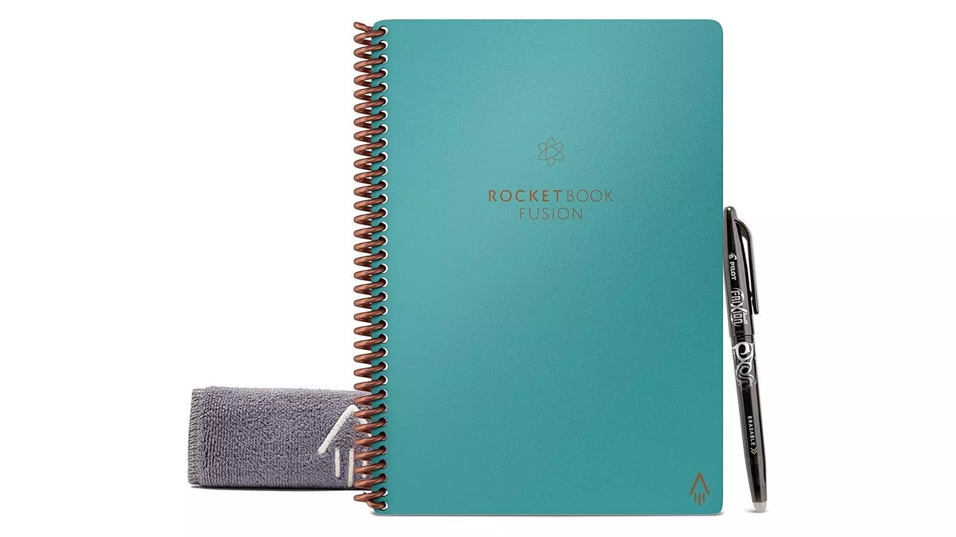 Rocketbook Fusion Smart Herbruikbare Notaboek in 'n bruingroen kleur, met pilot frixion pen en herbruikbare lap
