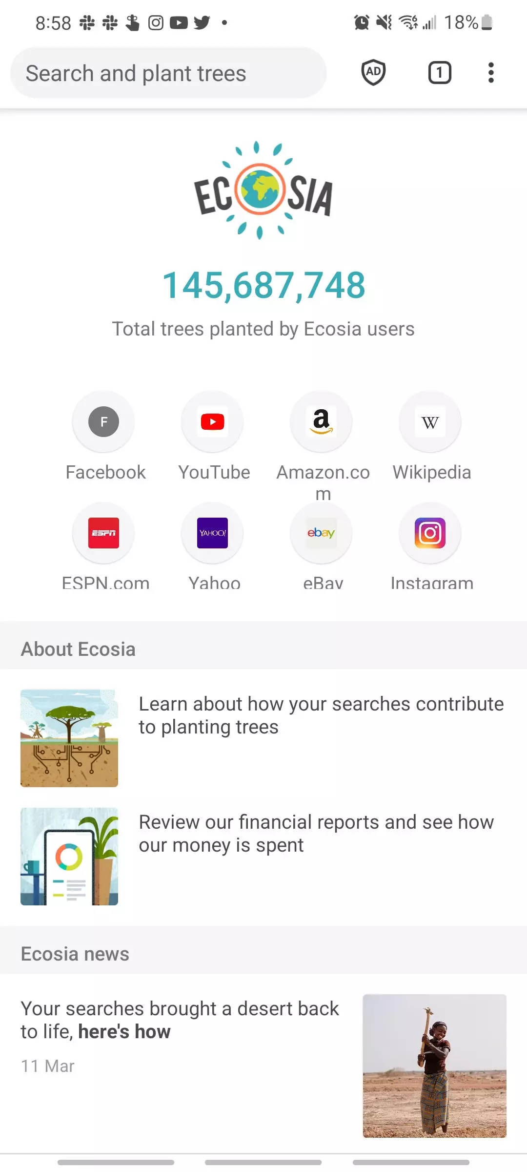 صفحه اصلی برنامه ecosia که نشان می دهد چند درخت کاشته شده است