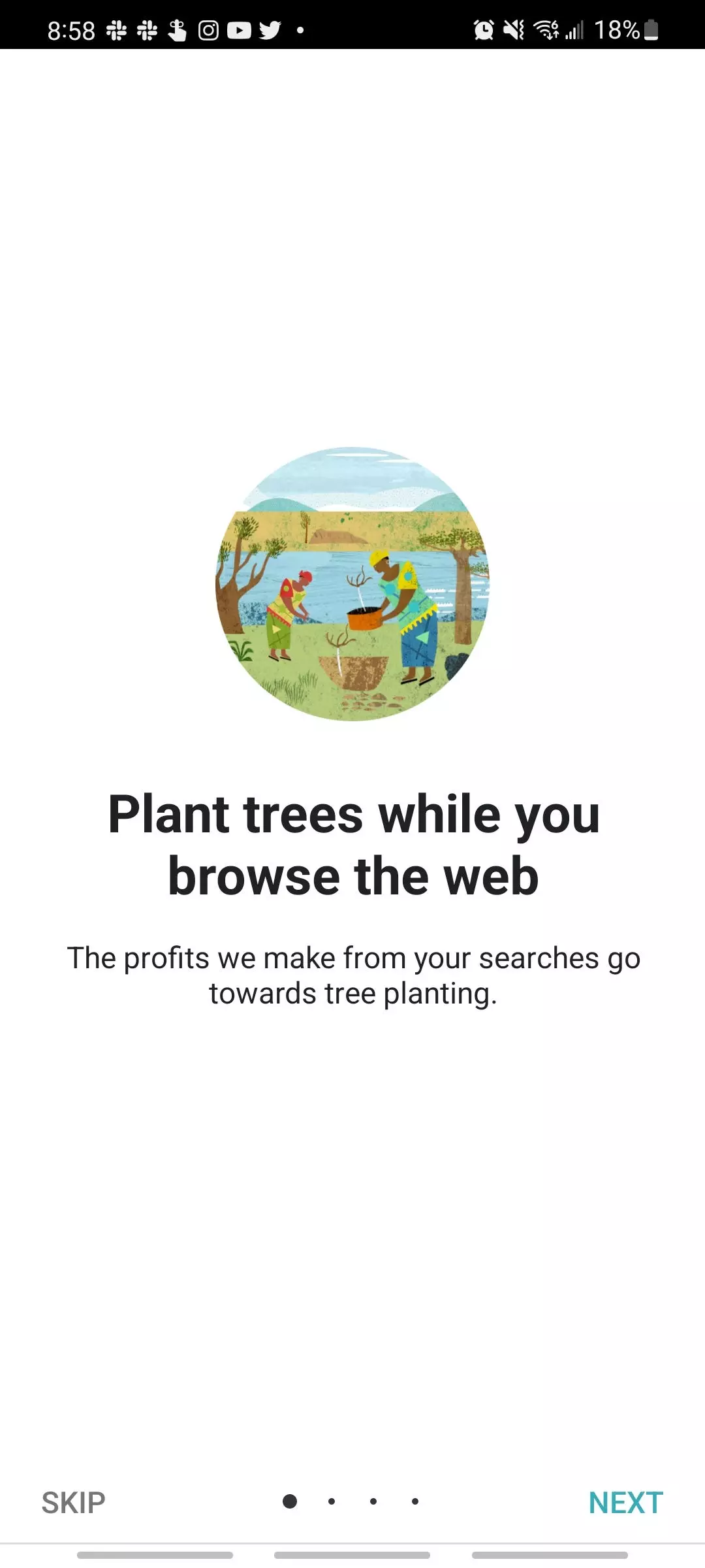 ecosia app introductie waarin wordt uitgelegd hoe ze bomen planten