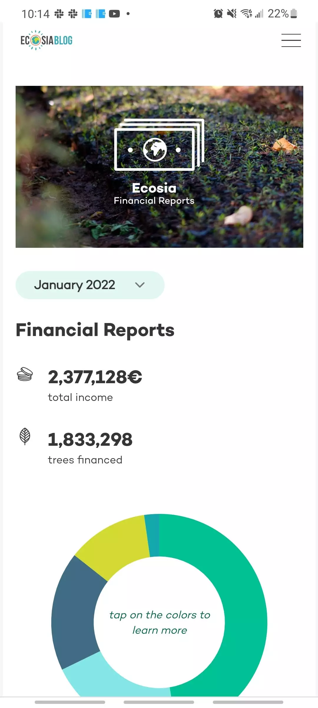 شاشة التقارير المالية لتطبيق ecosia