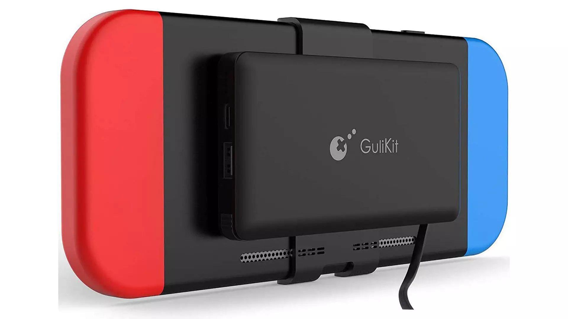 Ang GuliKit Battery Master clip-on na baterya na nakakabit sa likuran ng isang Switch