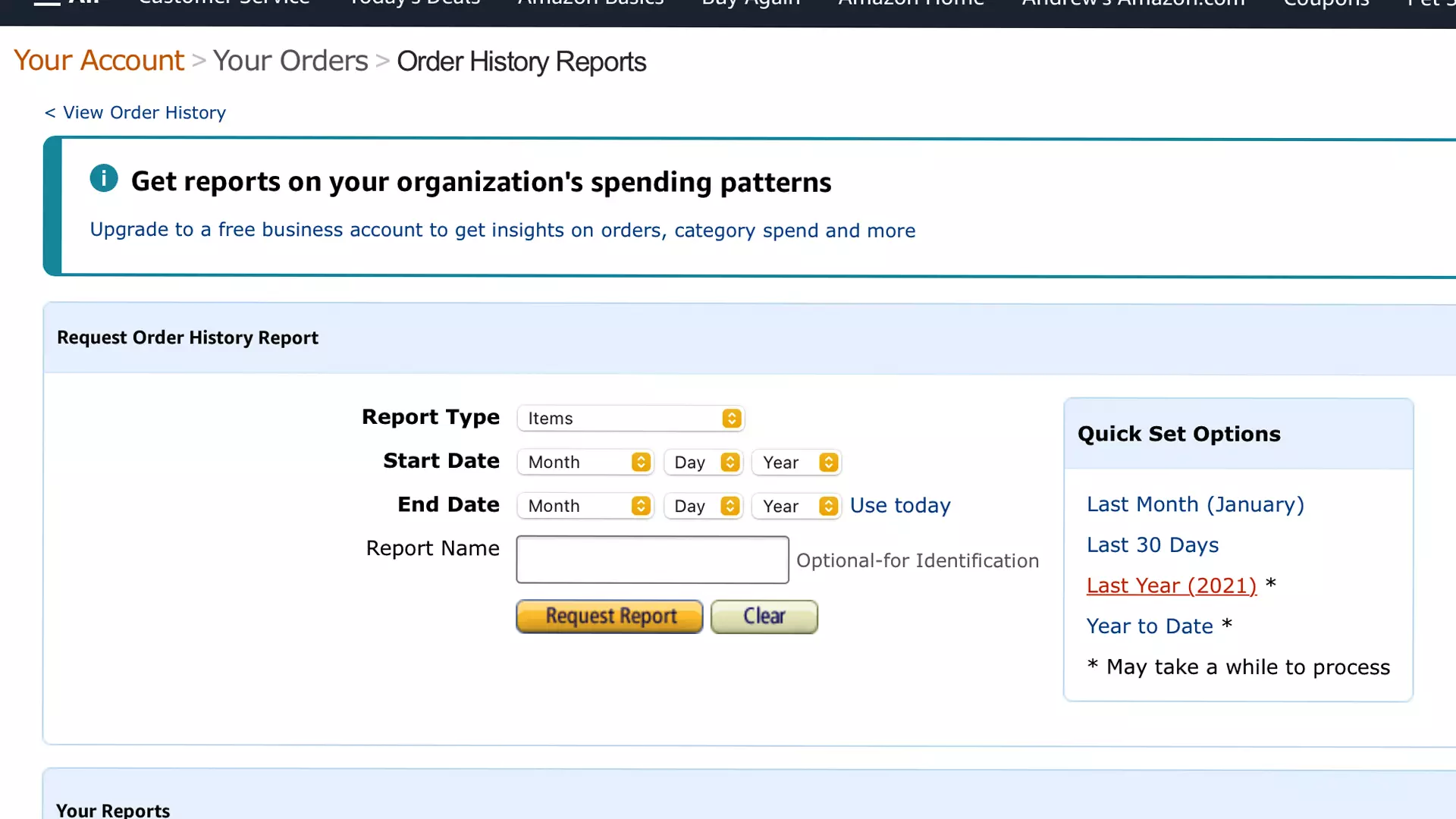 Pagina Rapoarte comenzi Amazon.
