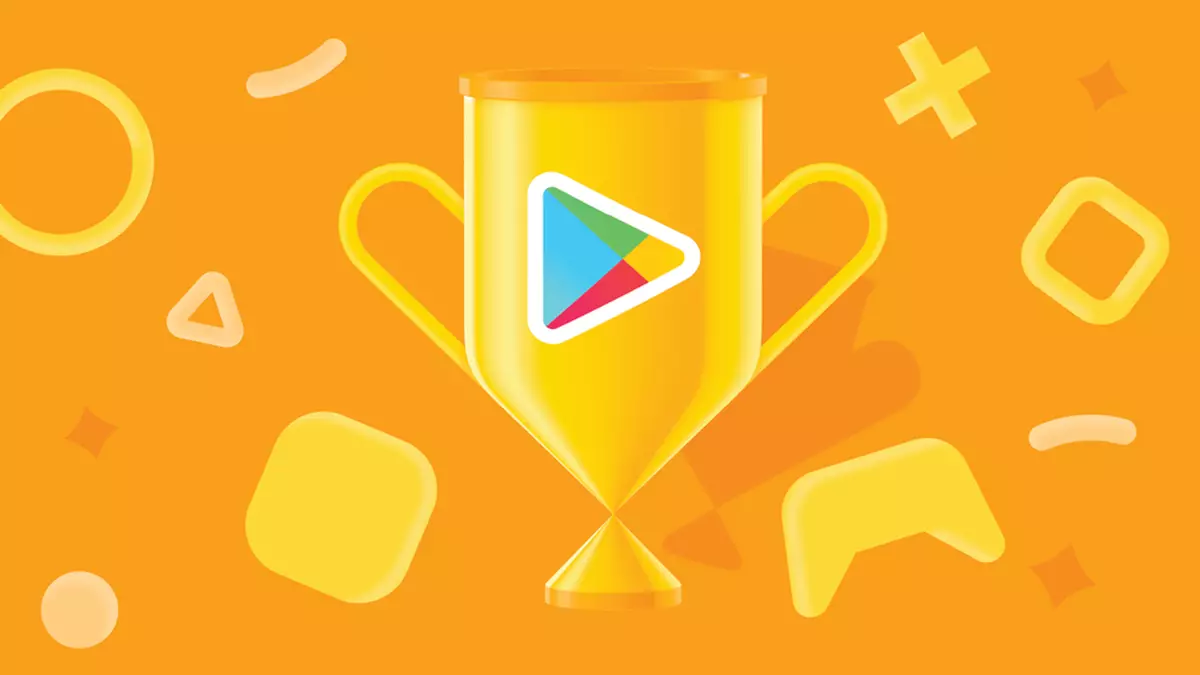 Google Play 2021. gada labākā reklāmkarogs ar Google Play logotipu uz trofejas.