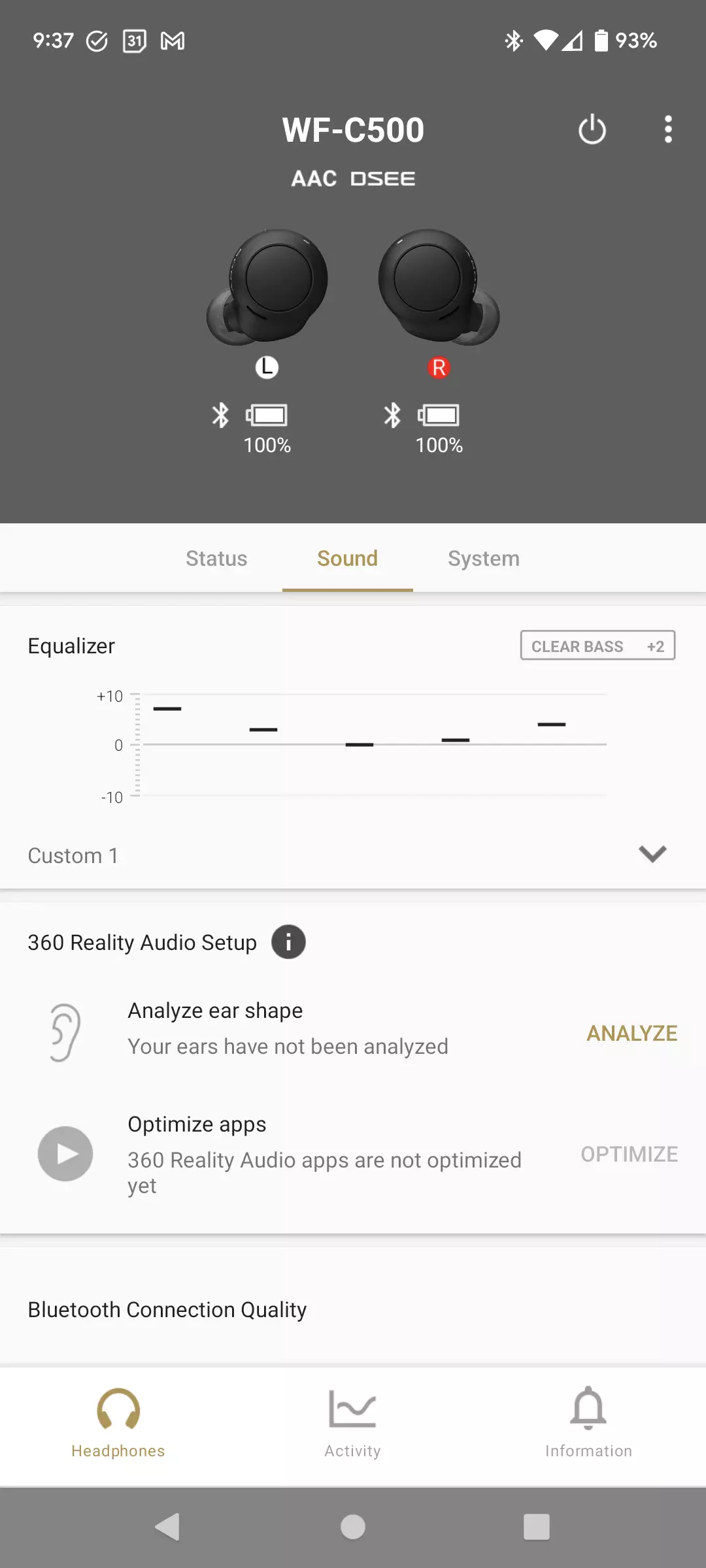 Hörlurar Ljudsida i Sony Headphones Connect-appen, som visar equalizer och 360 Reality Audio-inställning