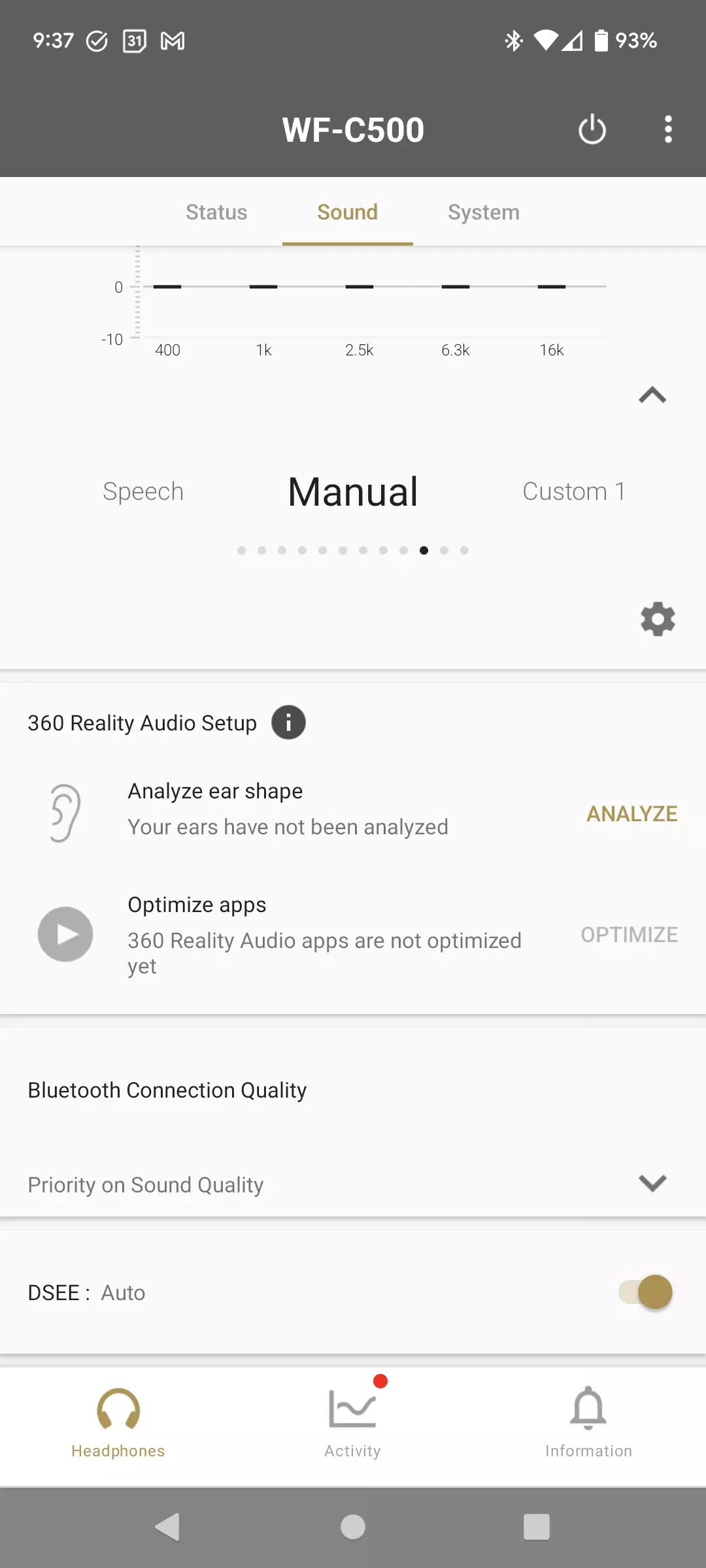 Sony Headphones Connect 应用程序中的耳机声音页面，显示自定义均衡器