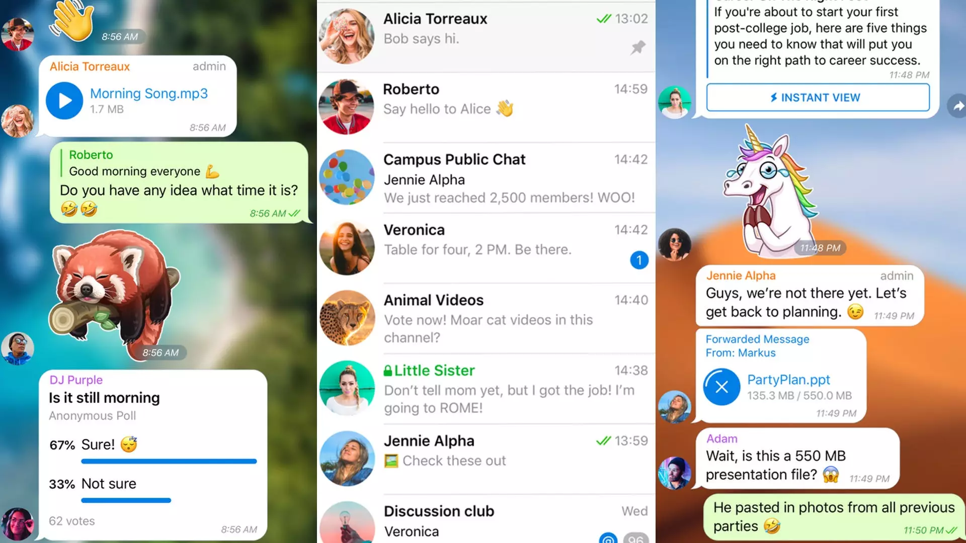 Tri bildoj de la babileja interfaco de Telegram