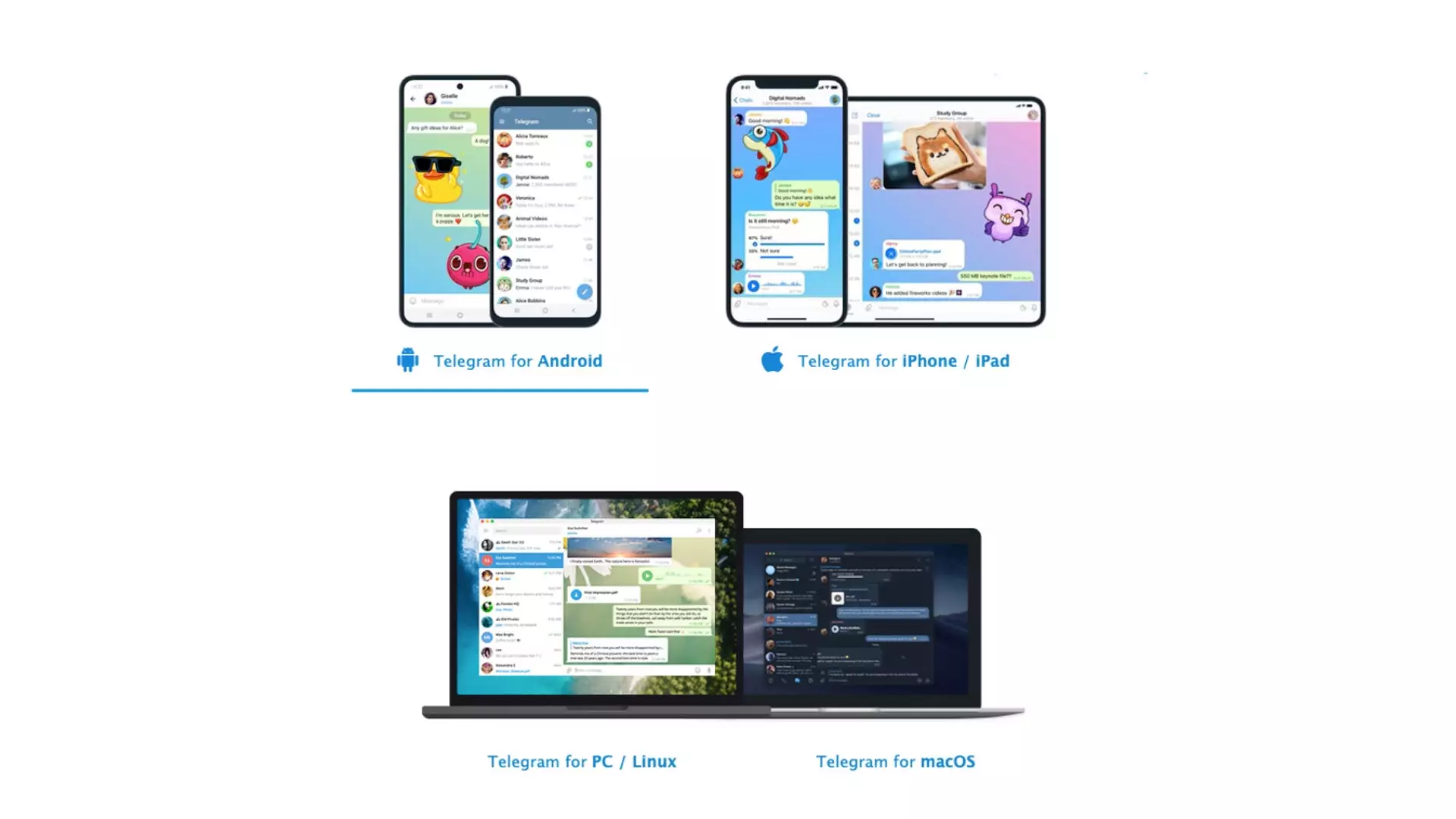 Telegram აპლიკაციის ვარიანტები iOS, Android, macOS, Windows და Linux-ისთვის.