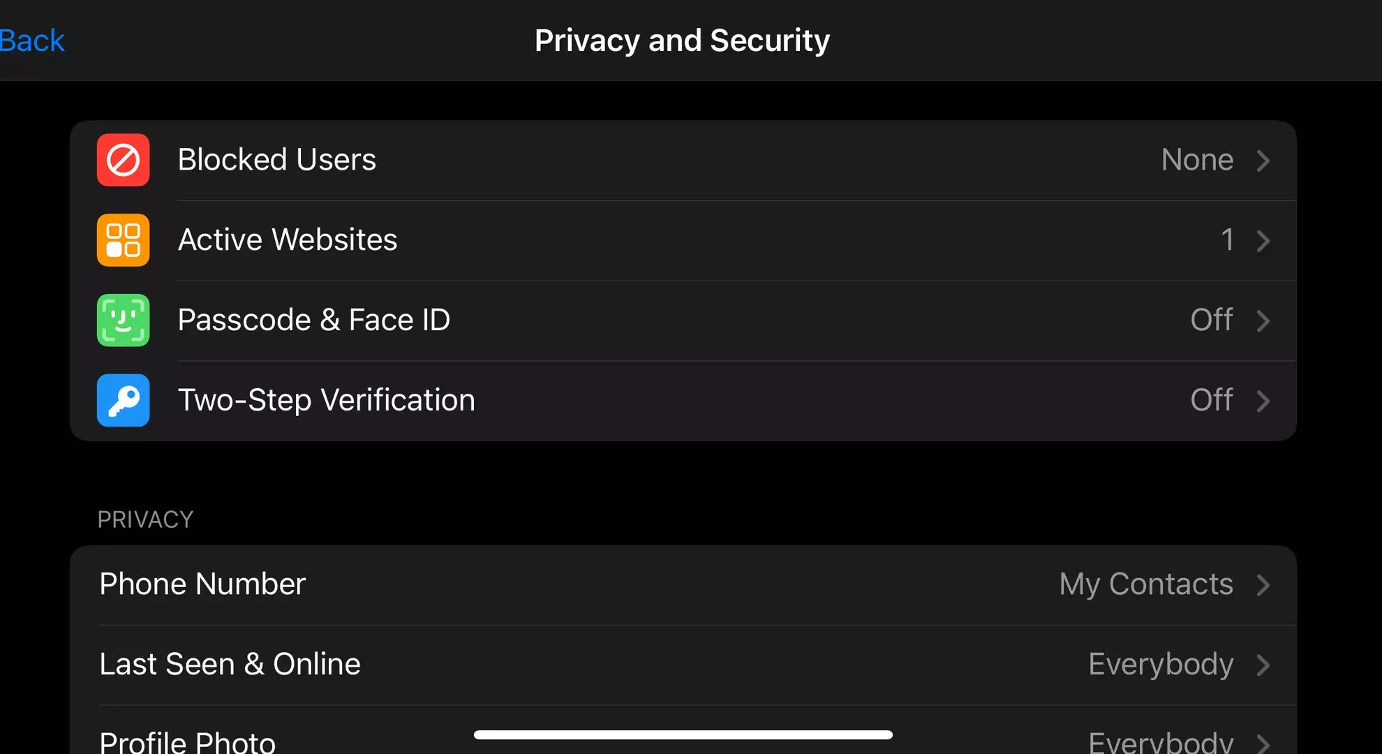 Telegram privātuma un drošības ekrāns operētājsistēmā iOS.