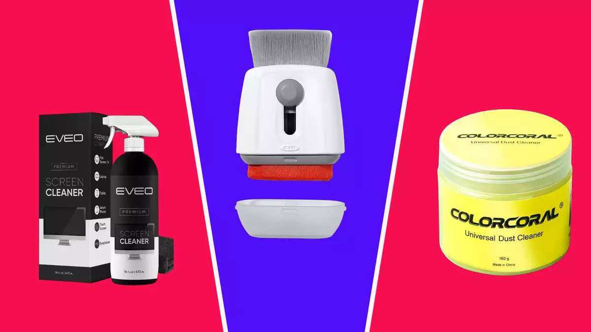 Grid ng produkto na nagpapakita ng EVEO screen cleaner spray, OXO Sweep and Swipe Tool, at Colorcoral dust cleaner gel