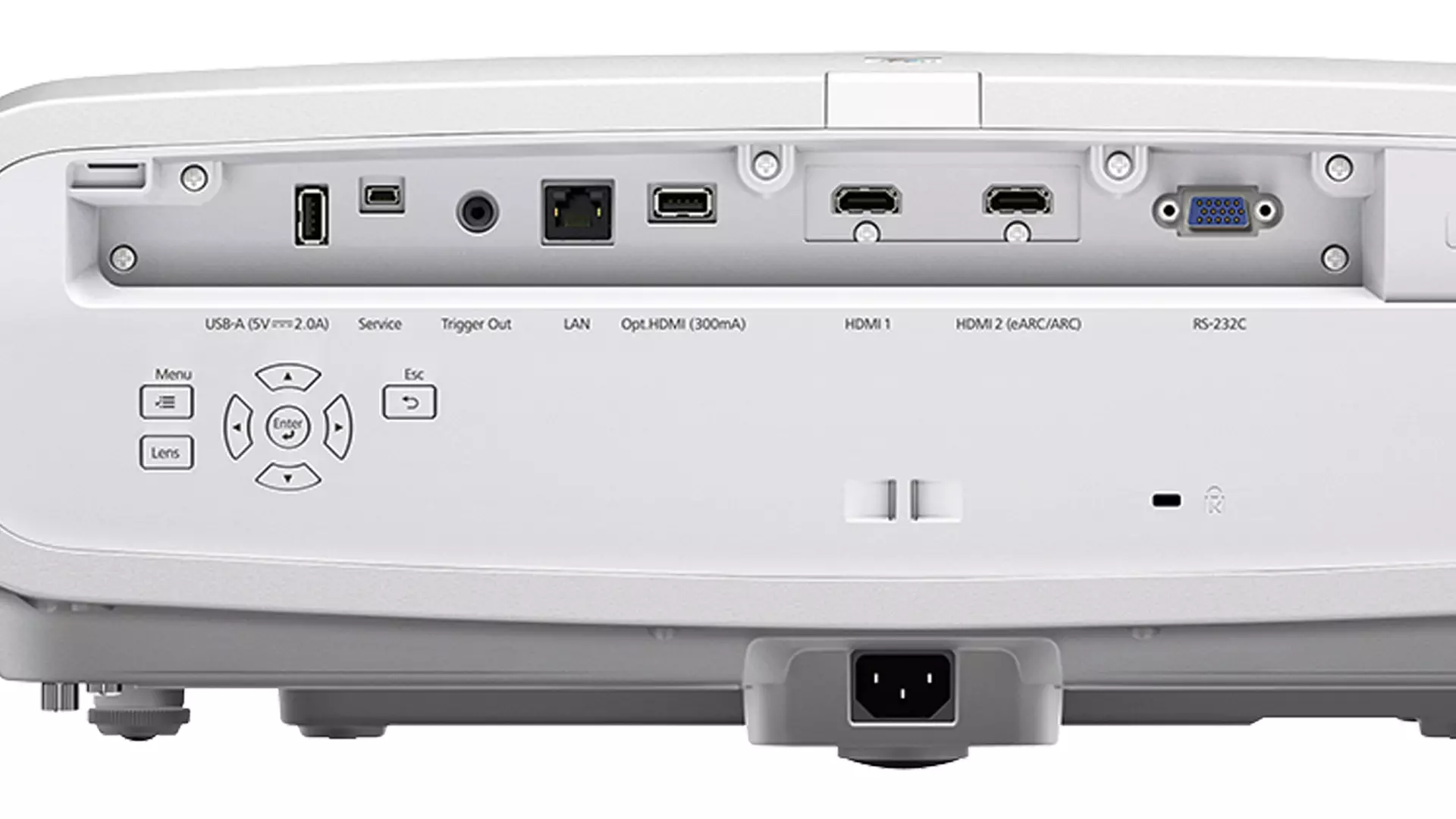 HDMI ポート、光 HDMI ポート、HDMI アーク ポート、LAN ジャック、USB-A ポート、および RS-232 シリアル コネクタを含む Epson LS11000 プロジェクタのポート選択。