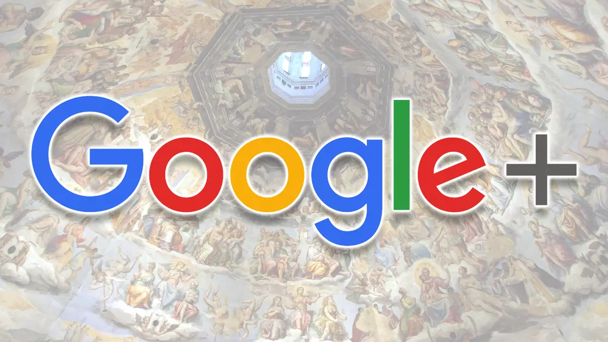 „Google+“ logotipas virš Teismo dienos freskos Florencijoje, Italijoje.