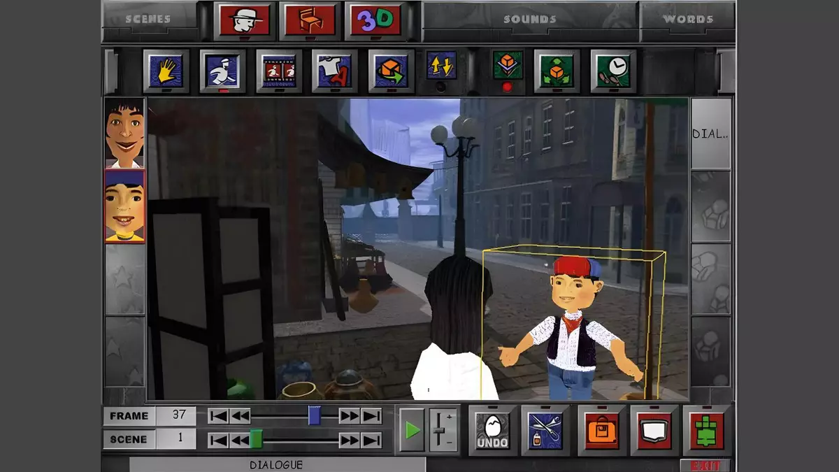 Microsoft se 3D Movie Maker-sagteware in gebruik wat 'n raam-vir-raam-animasie met twee karakters bou.