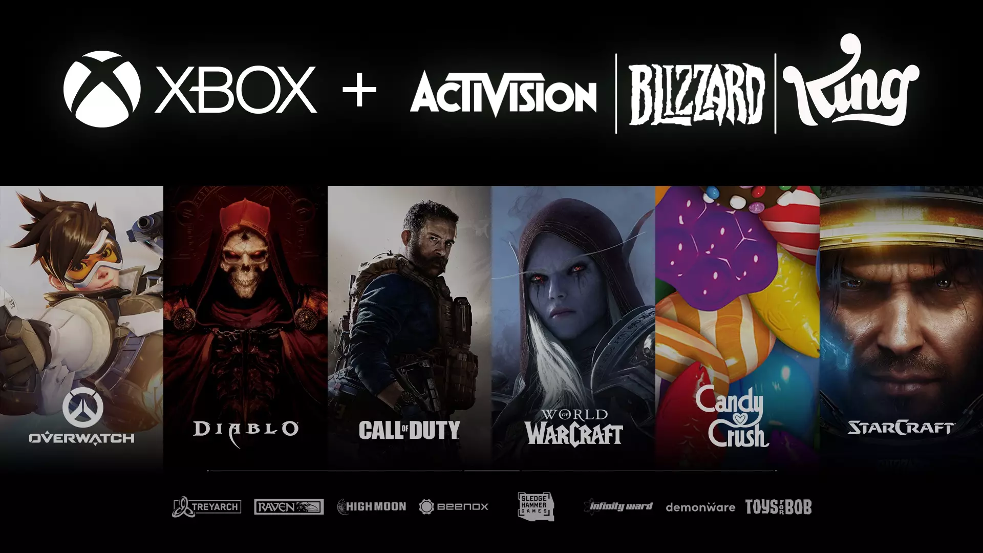 Microsoft reklāmkarogs, kas paziņo par Activision, Blizzard un King iegādi.