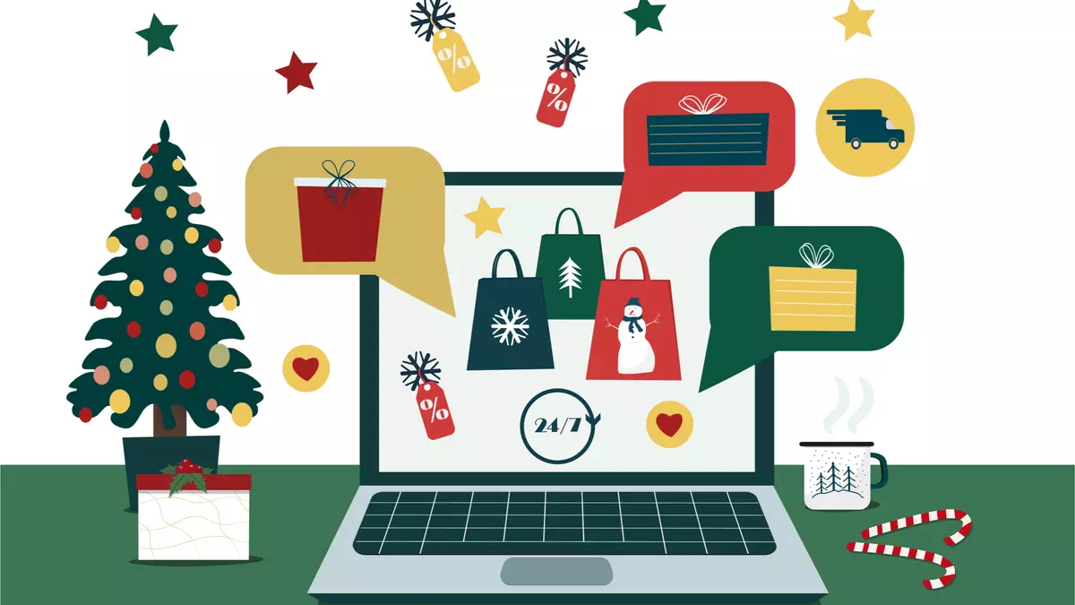 Presenter, shopping, försäljning till jul och nyår online. Julbutiker på nätet, e-handel. Laptop, julgran, presentförpackningar och förpackningar, semestersymboler och ikoner. Vektor illustration.