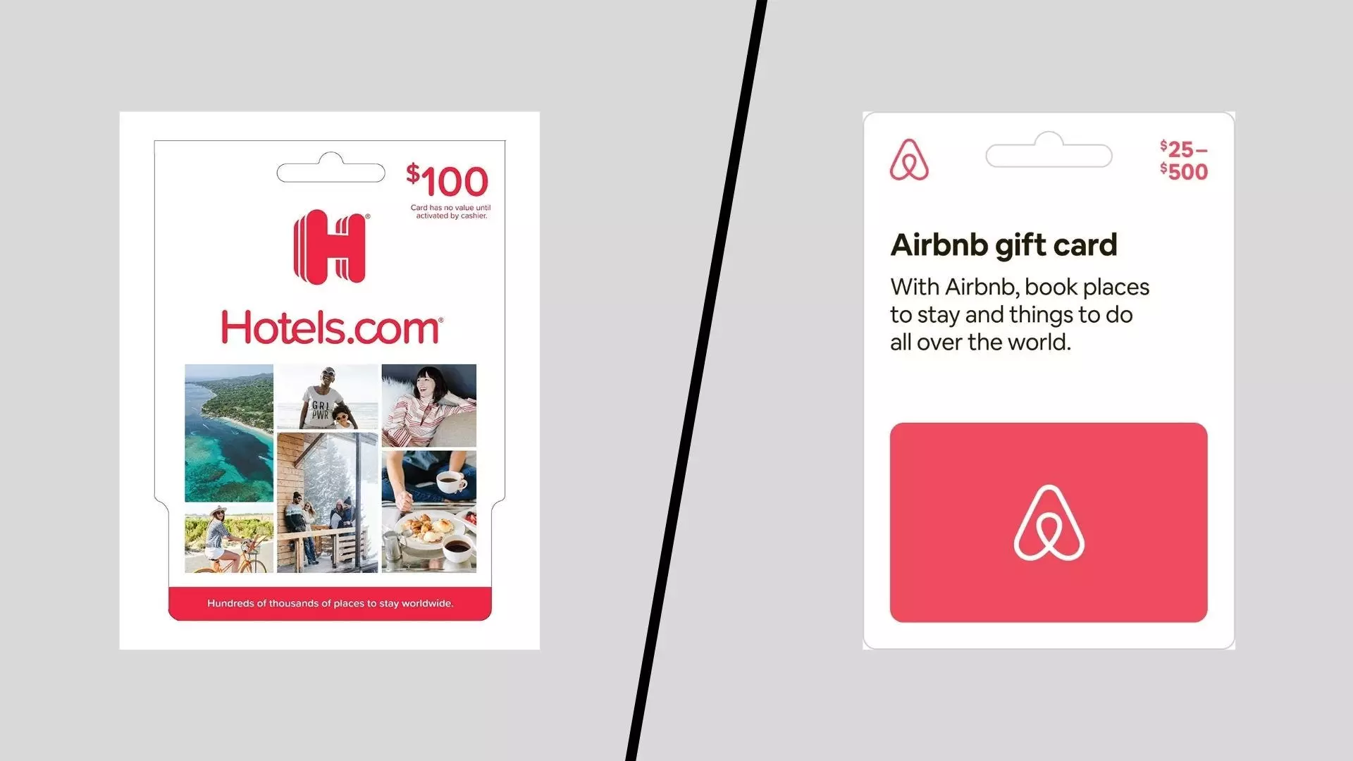 100 美元的hotels.com 禮品卡和麵額從 25 美元到 500 美元不等的 airbnb 禮品卡