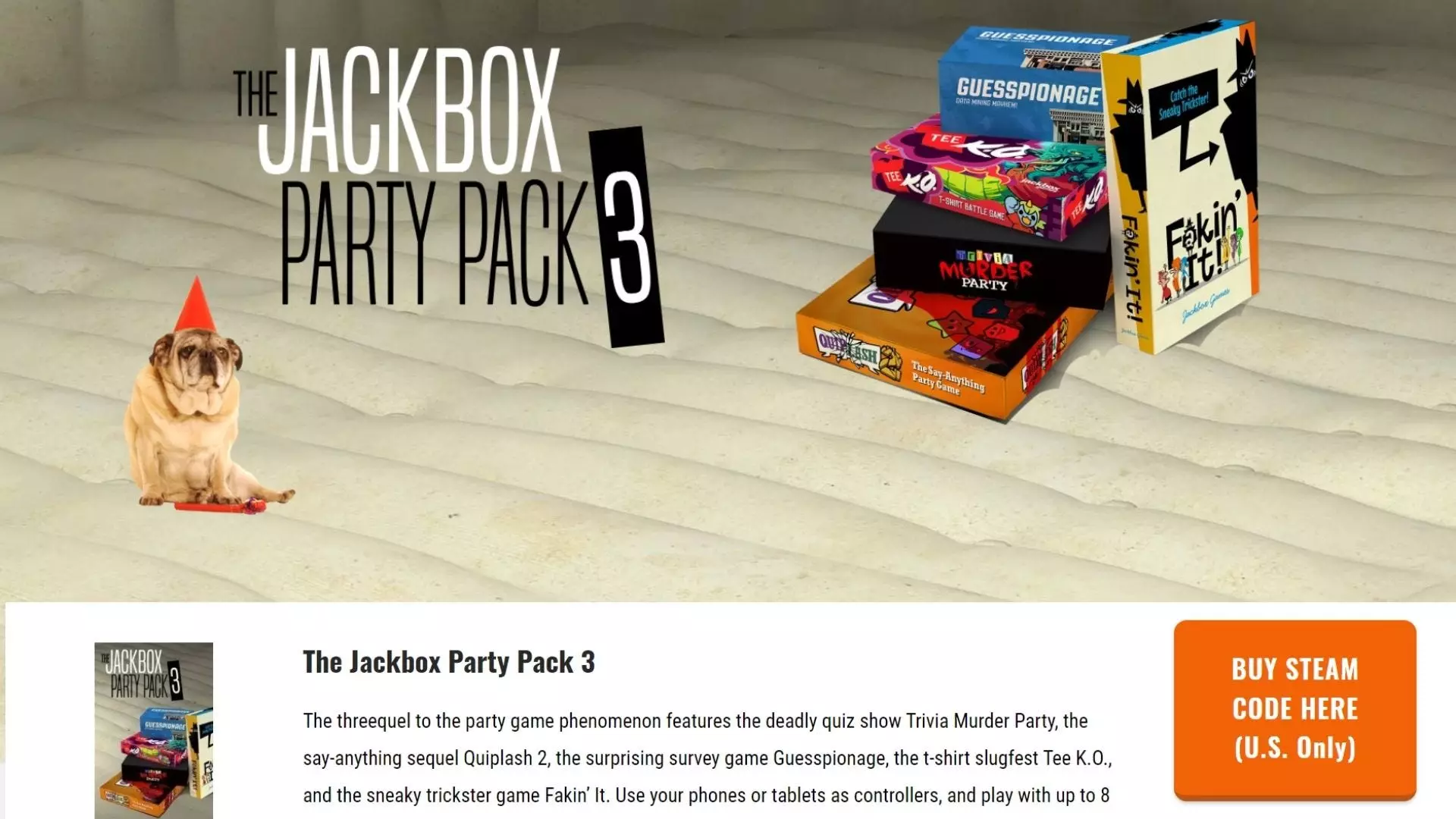 Jackbox Party Pack dräi Säit weist wéi eng fënnef Spiller Trivia Mord Party abegraff sinn, quiplash 2, Guesspionage, Tee k.o., a fakin it