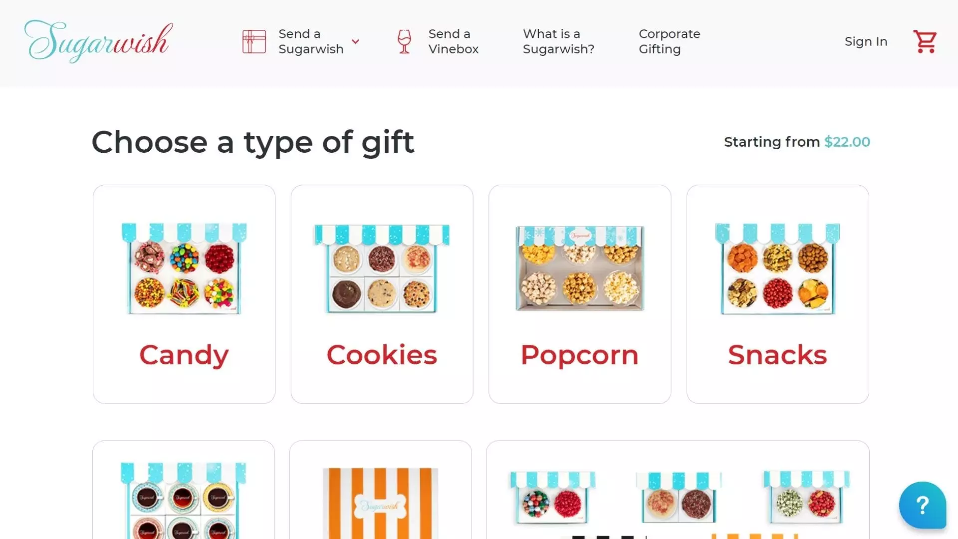 sugarwish početni zaslon, koji prikazuje različite mogućnosti darova, uključujući slatkiše, kekse, kokice, grickalice i još mnogo toga