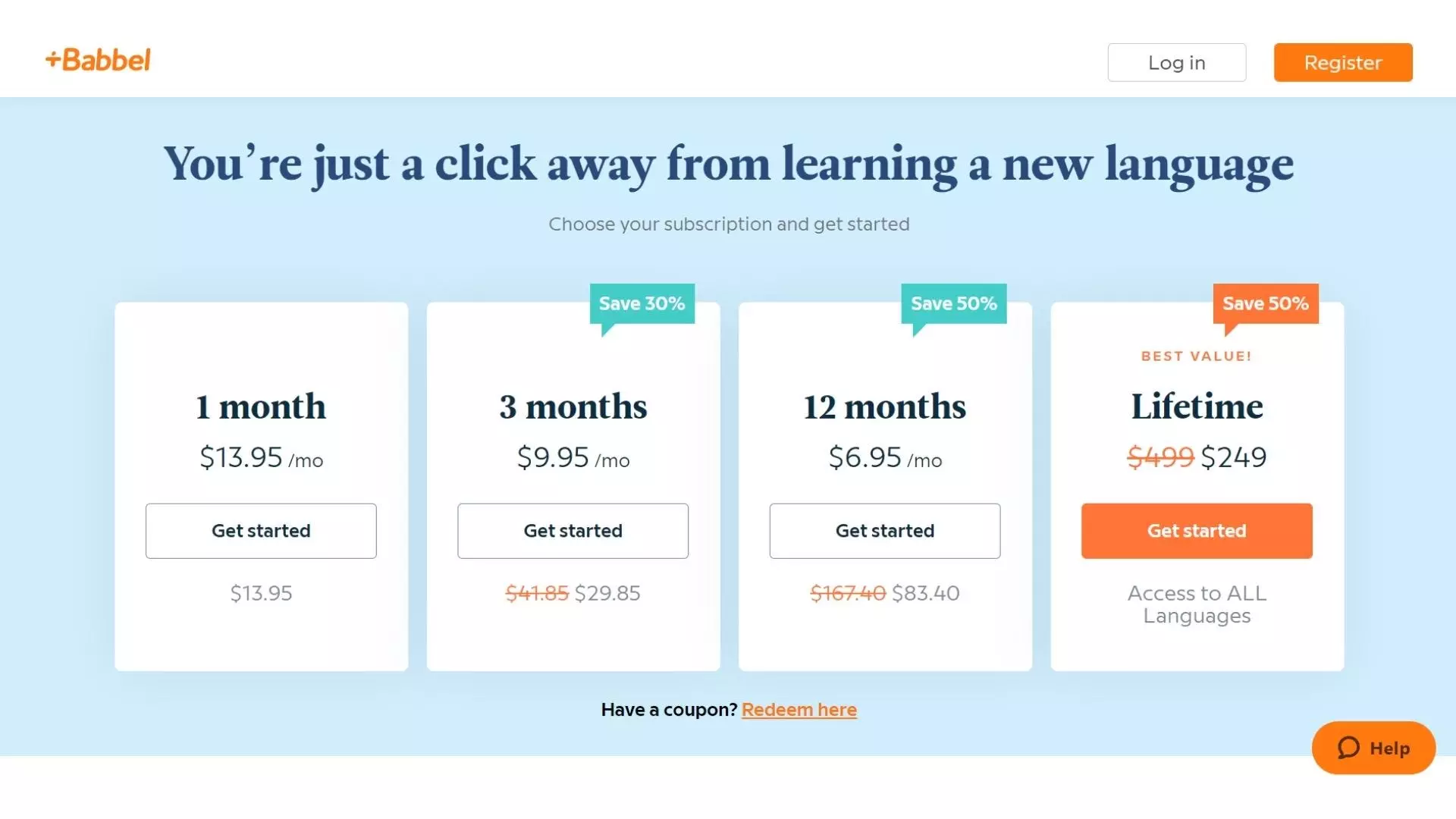 Екран за плаќање на претплата на babbel со 1 месец, 3 месеци, 12 месеци и доживотни опции