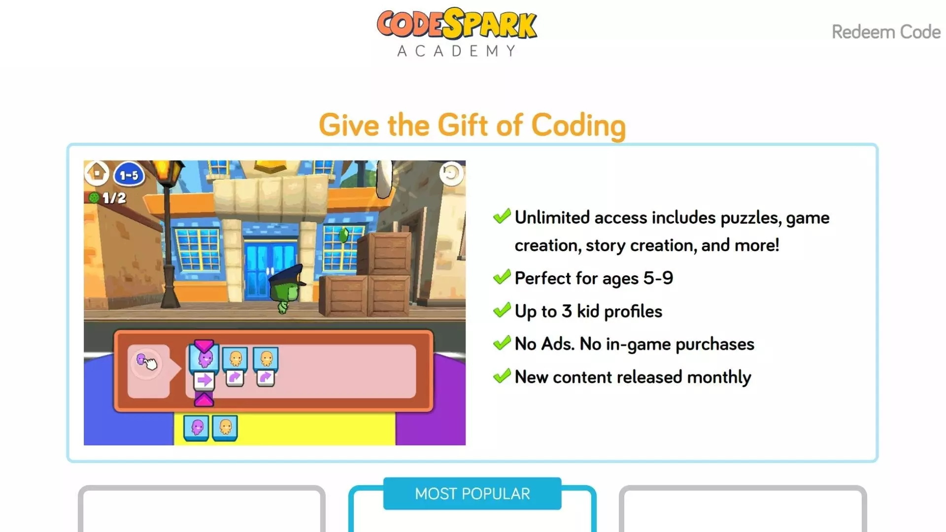 Услуга за претплата на академијата codespark, учење како да кодираат за деца на возраст од пет до девет години