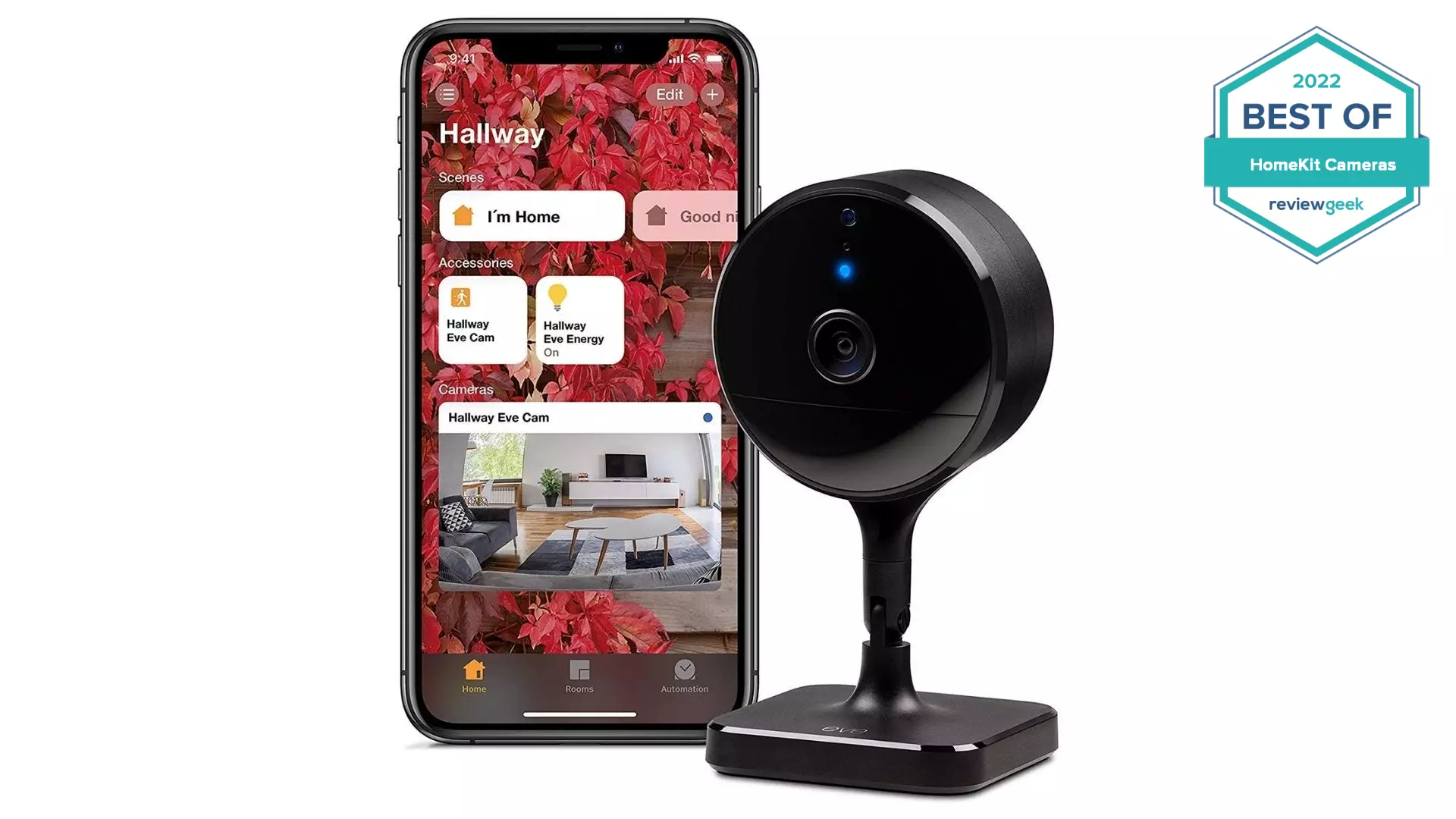 Eve Cam Smart Home Innendørskamera som fungerer med Apple HomeKit, ved siden av en smarttelefon