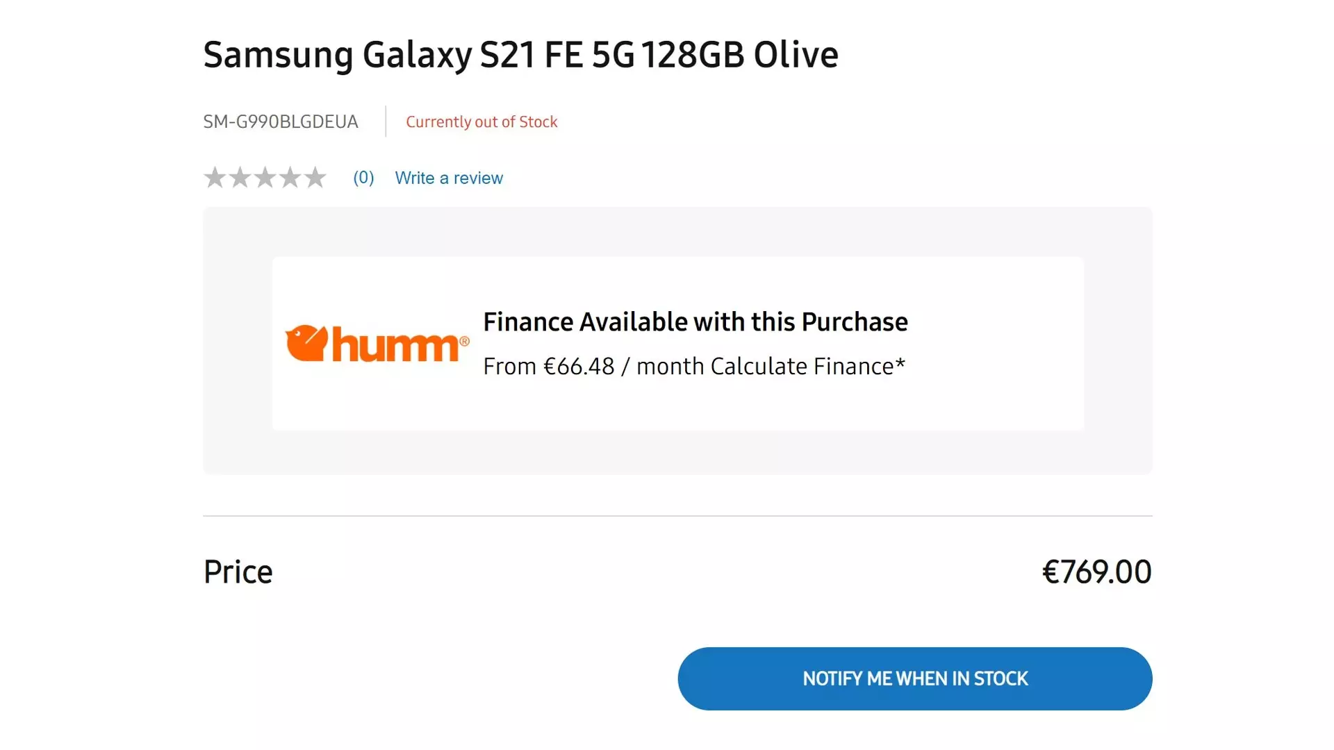 uma imagem da listagem irlandesa do S21 FE (769 euros).