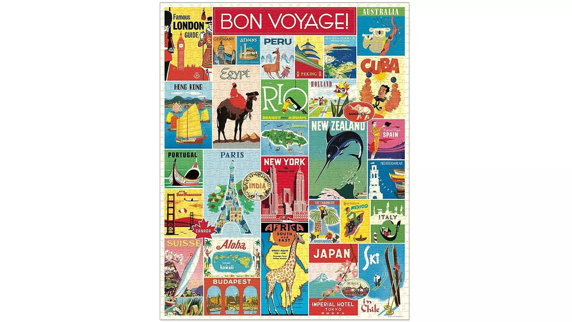 Dieses Puzzle zeigt eine Collage aus Vintage-Reiseanzeigen aus der ganzen Welt.