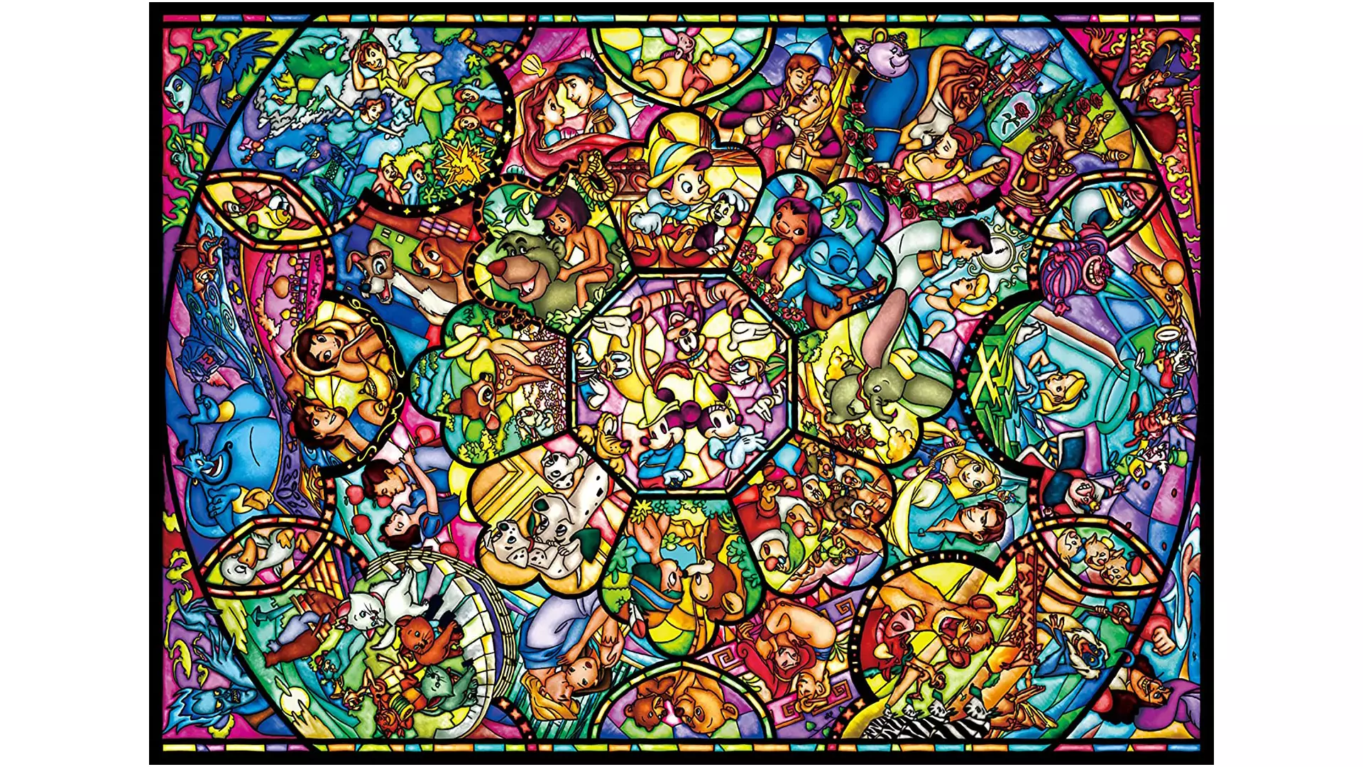Personajes de Disney presentados en un colorido rompecabezas con forma de vitral.