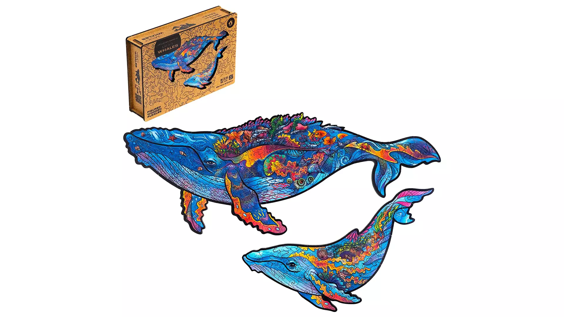 Genial rompecabezas con temática de animales con forma de dos coloridas ballenas jorobadas.