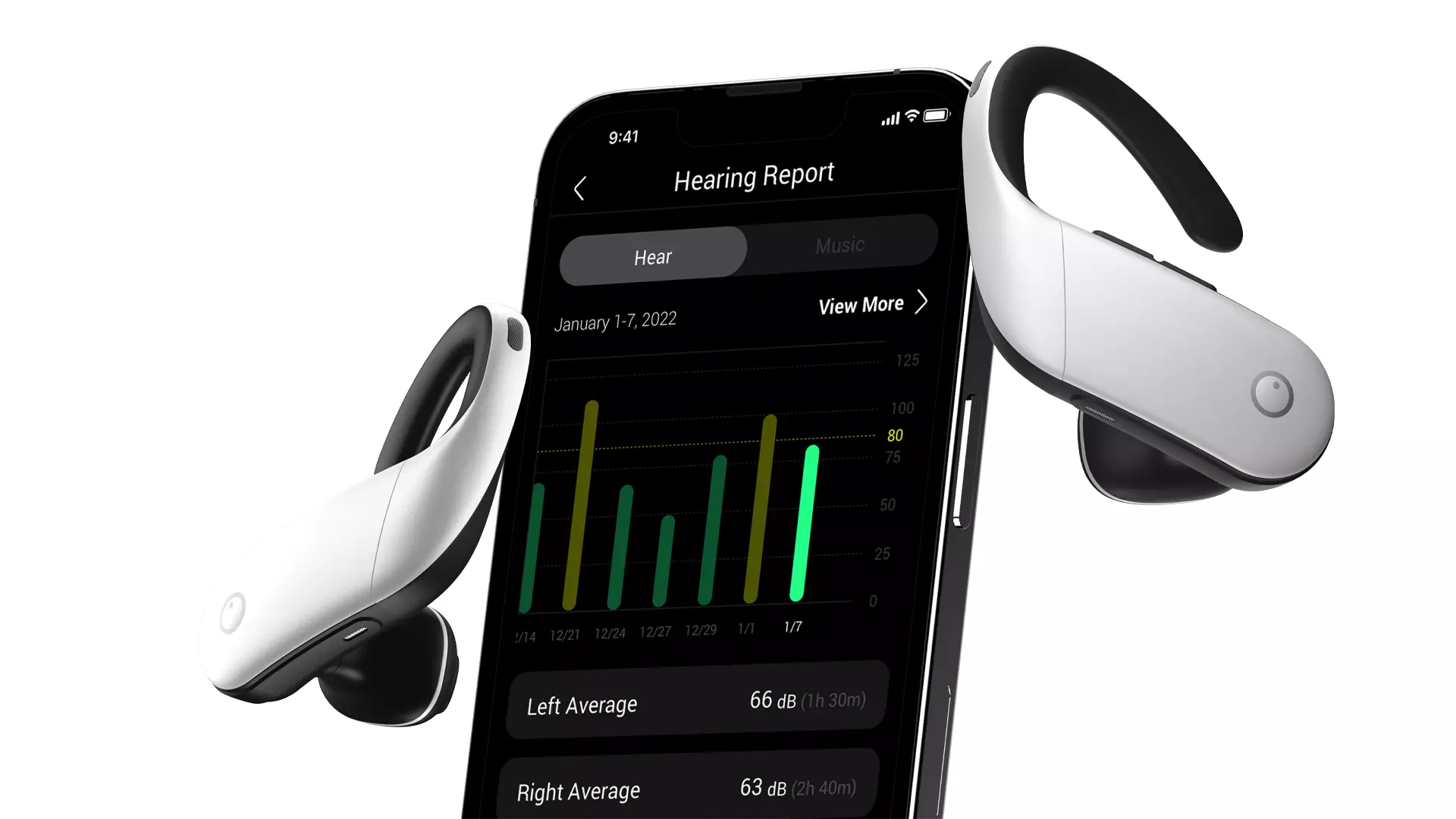 Os audífonos sen fíos Olive Max coa aplicación complementaria.
