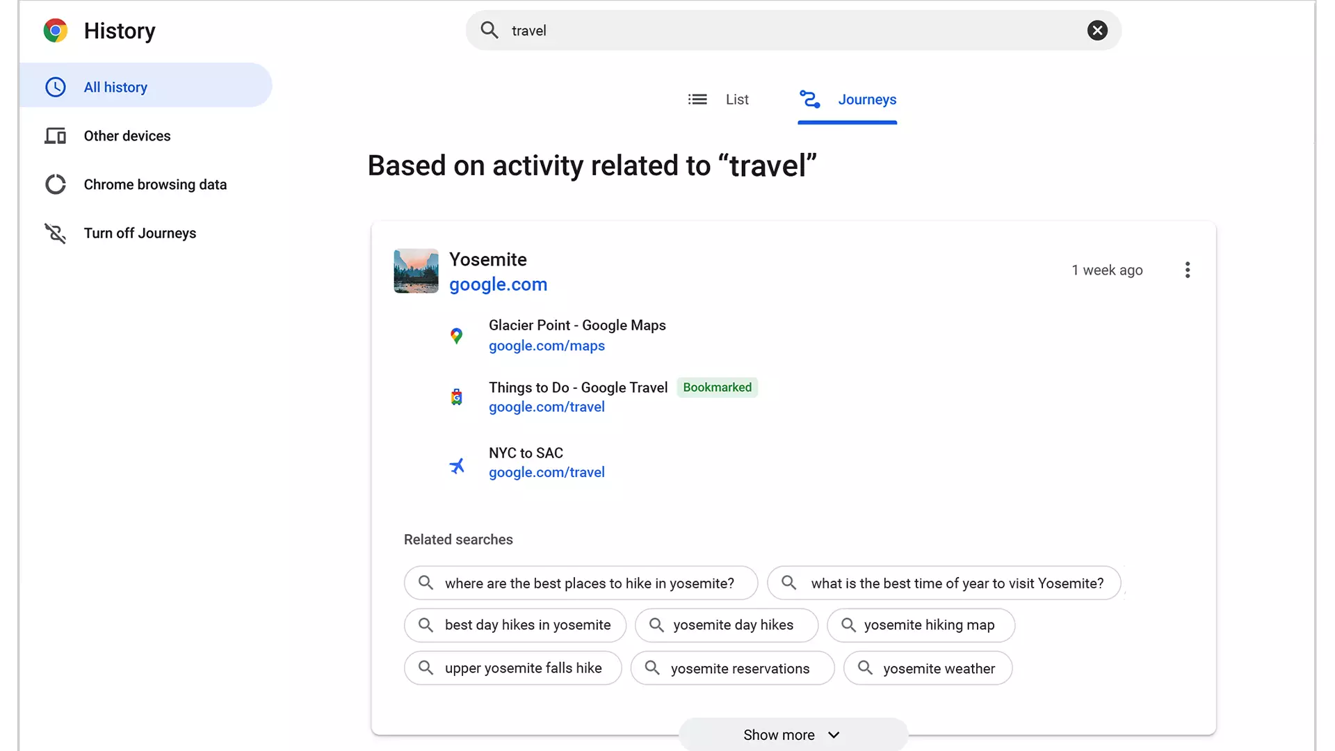 Google Chrome 中的旅程功能。