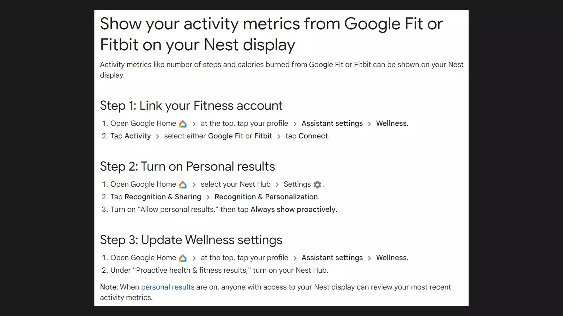 รายละเอียดเกี่ยวกับวิธีแสดงตัววัดกิจกรรมจาก Google Fit หรือ Fitbit บนจอแสดงผล Nest
