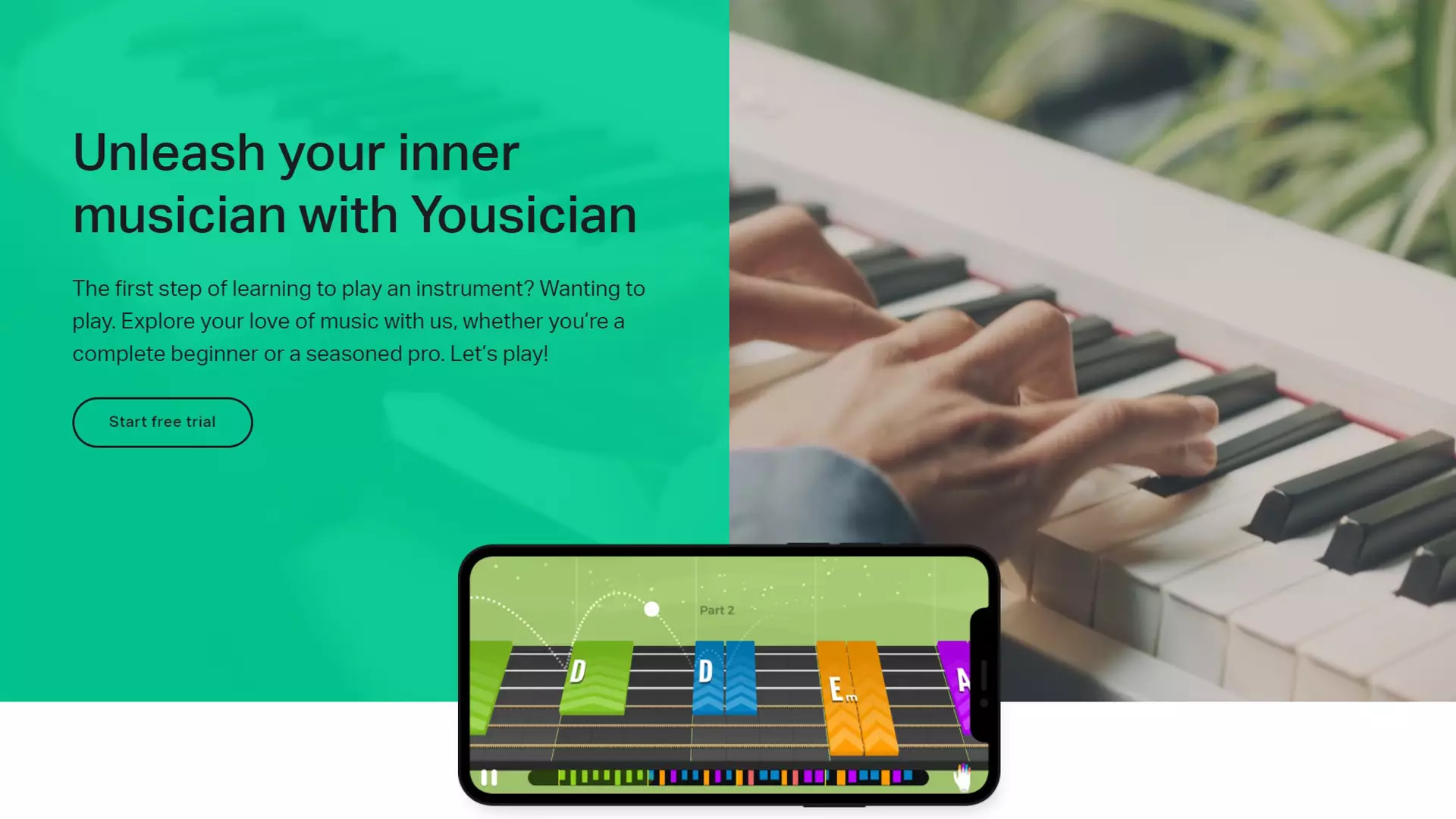 Yousician klaver lektion med træningsøvelser i app på skærmen