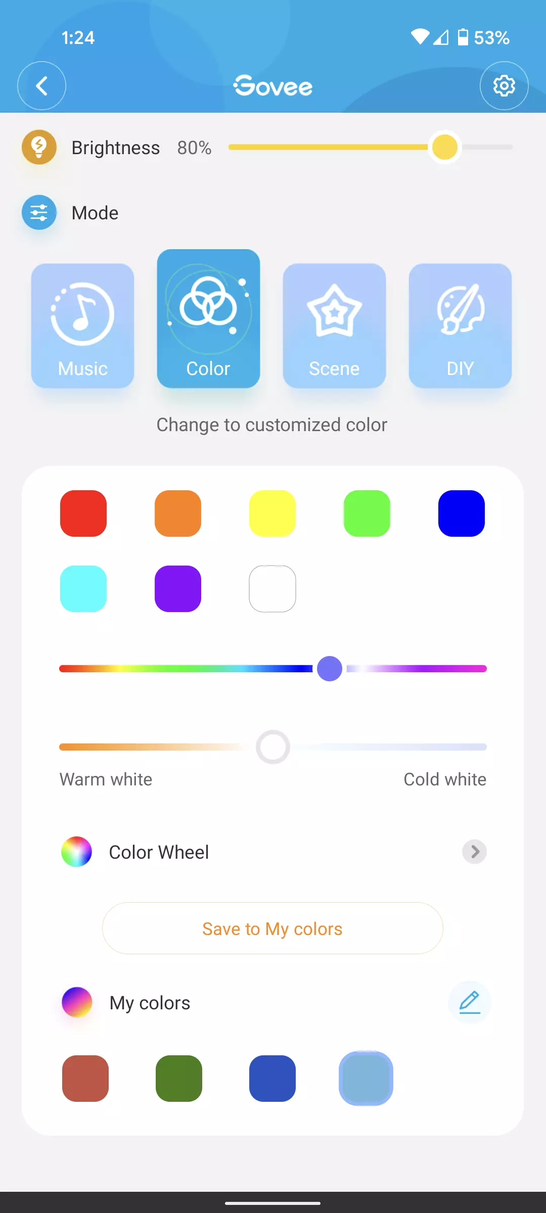 Govee ایپ میں رنگ کے اختیارات