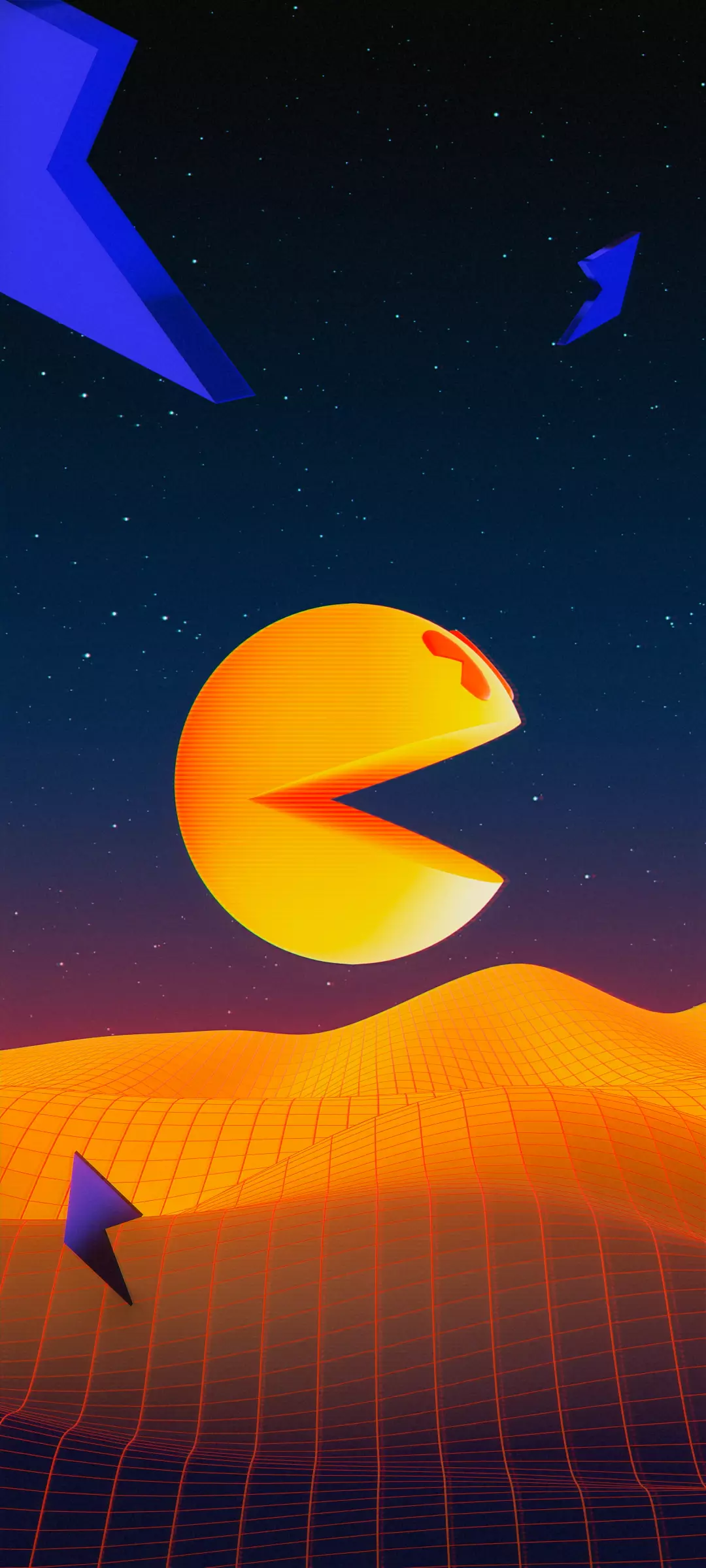 Bir vaporwave manzara duvar kağıdı üzerinde bir 3D Pac-Man.