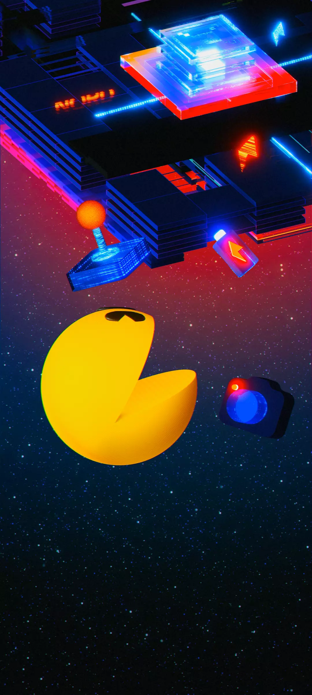 Pac-Man mewn papur wal arcêd ofod.