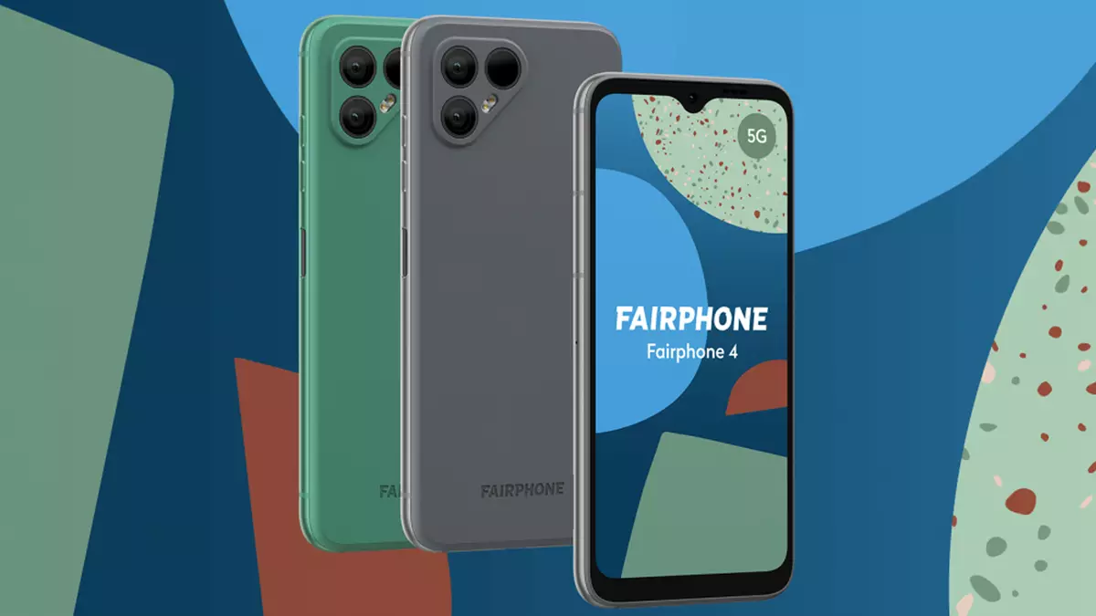 Fairphone 4 នៅលើផ្ទៃខាងក្រោយពណ៌ខៀវនិងបៃតង។