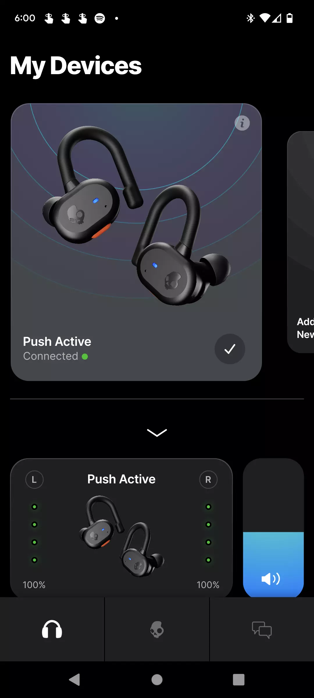 Domača stran aplikacije Skullcandy, ki prikazuje povezane slušalke in stanje