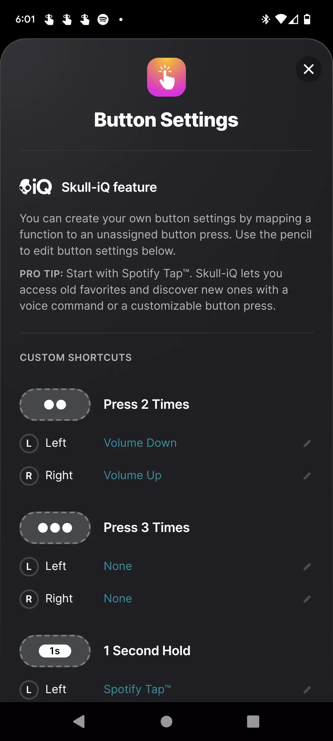 Lista detallada de la configuración de personalización de presionar y mantener presionado el botón