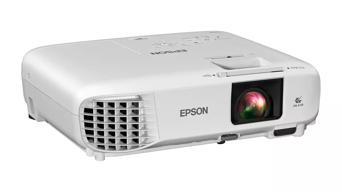 Lub Epson 880X 3LCD 1080p Smart Portable Projector nyob rau tom qab dawb