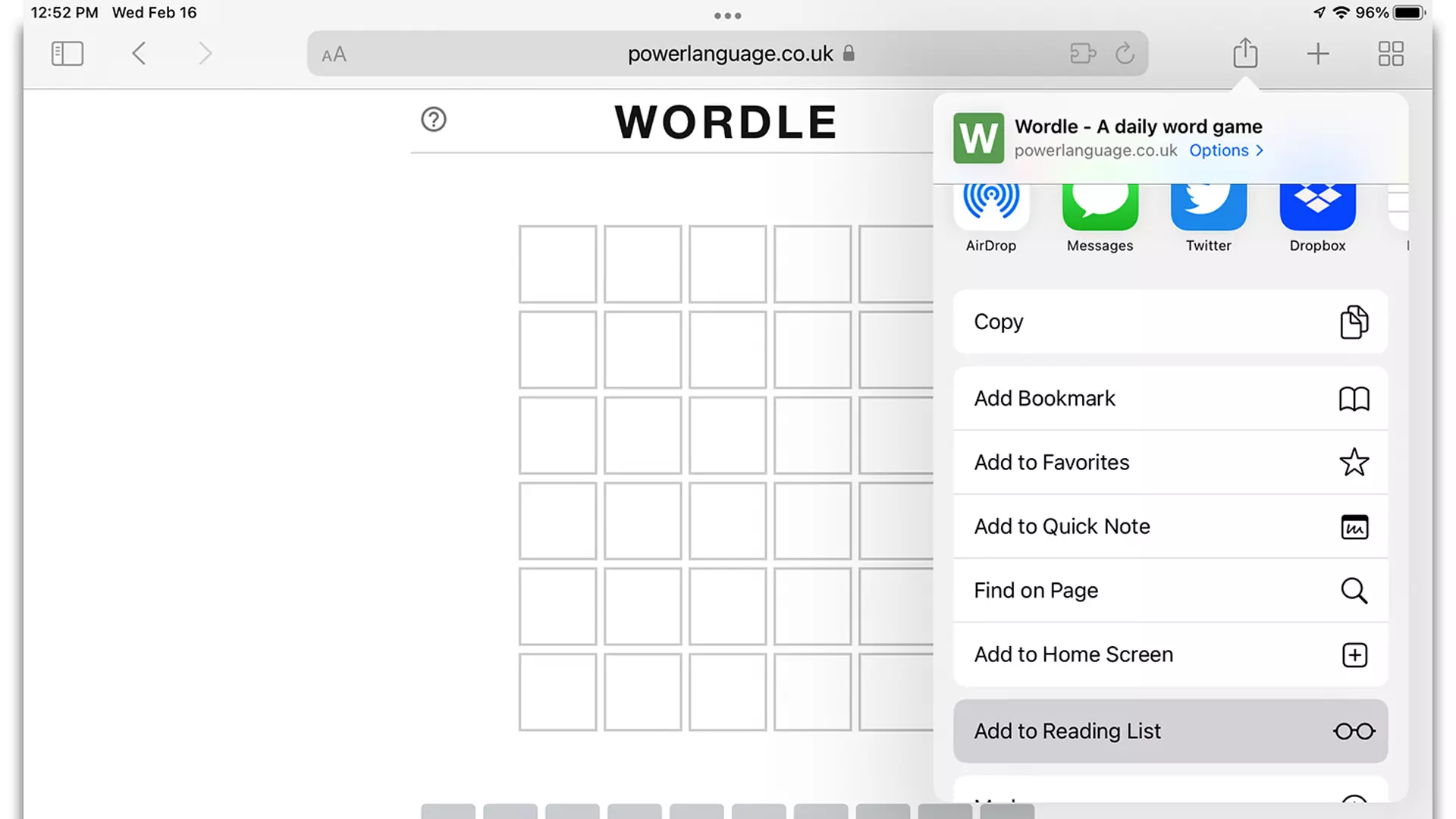 د iPad لوستلو لیست کې د Wordle اضافه کول.