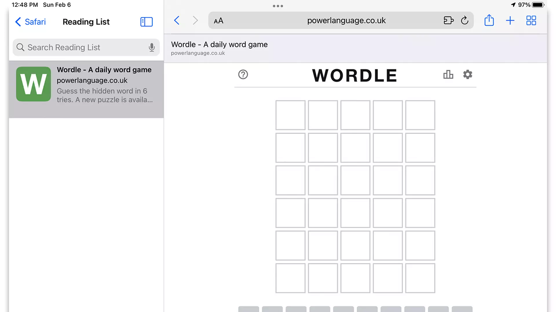 iPad의 읽기 목록에 있는 Wordle.