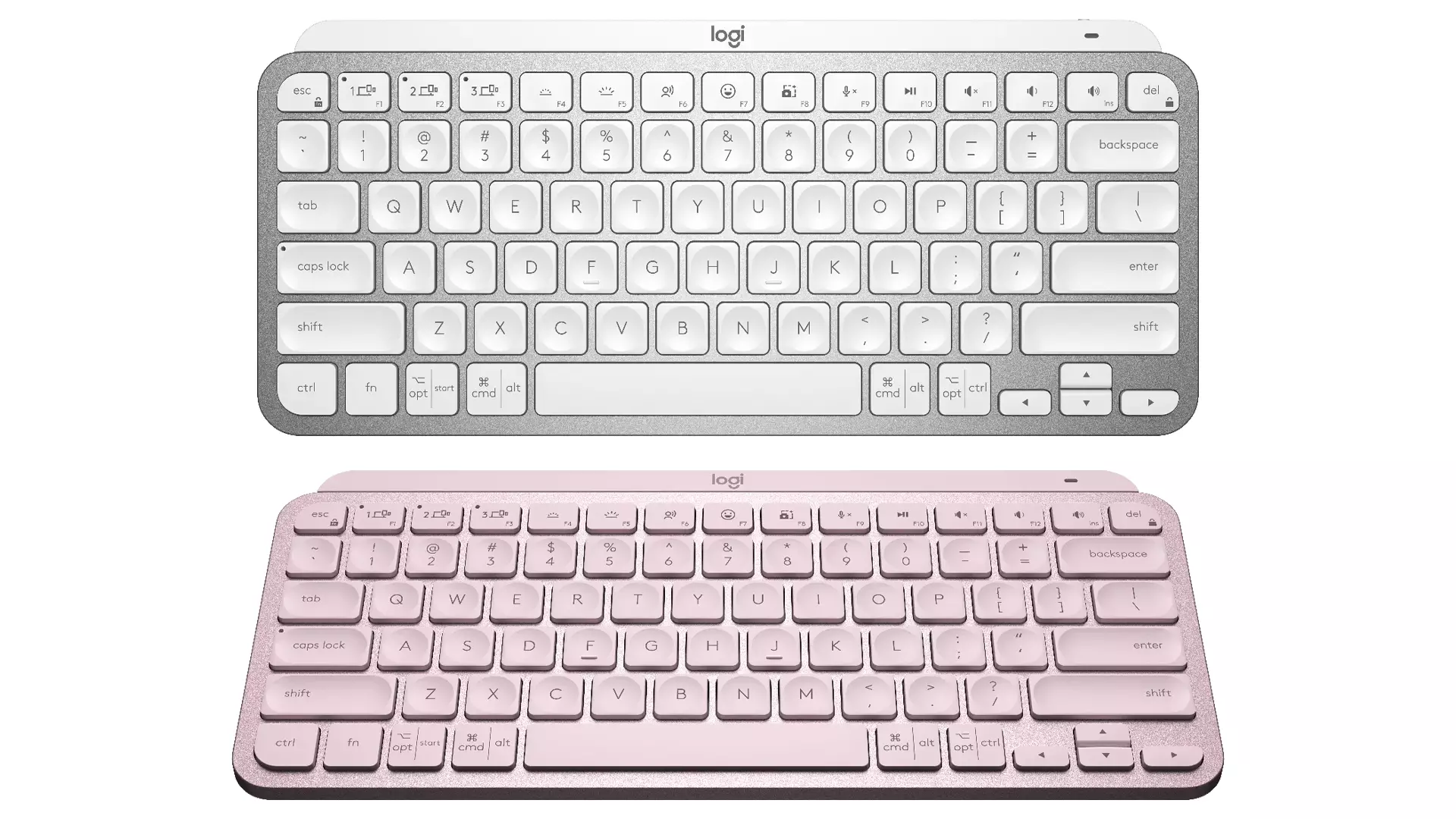 Logitech MX Keys Mini dalam warna putih dan merah muda.