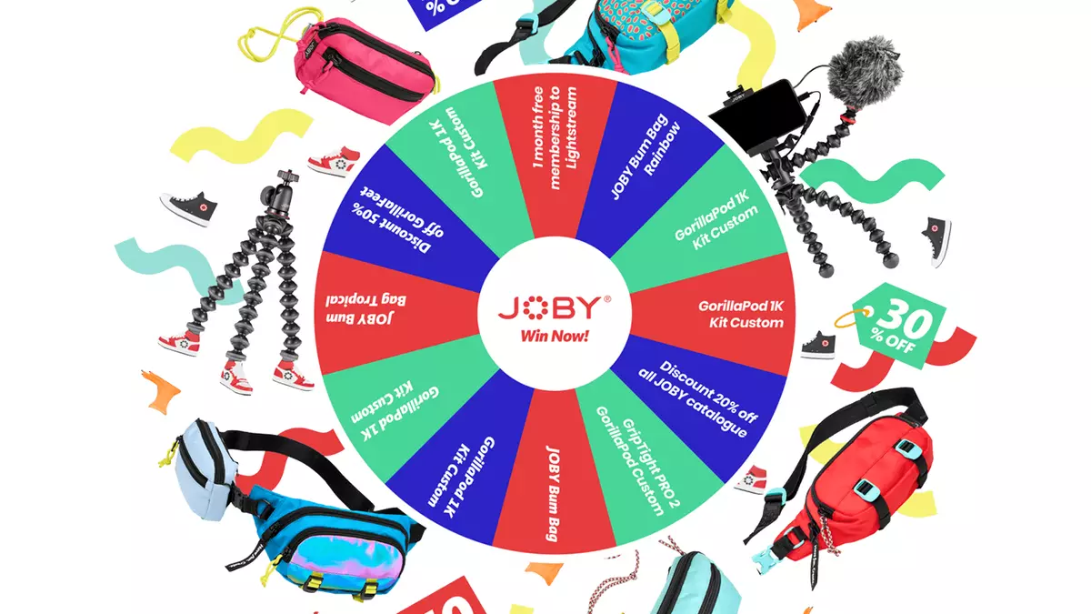 Roda pertaruhan yang penuh dengan produk Joby.