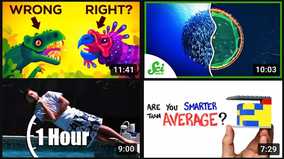 4 つの異なる YouTube 科学チャンネルの 4 つの科学ビデオのサムネイル