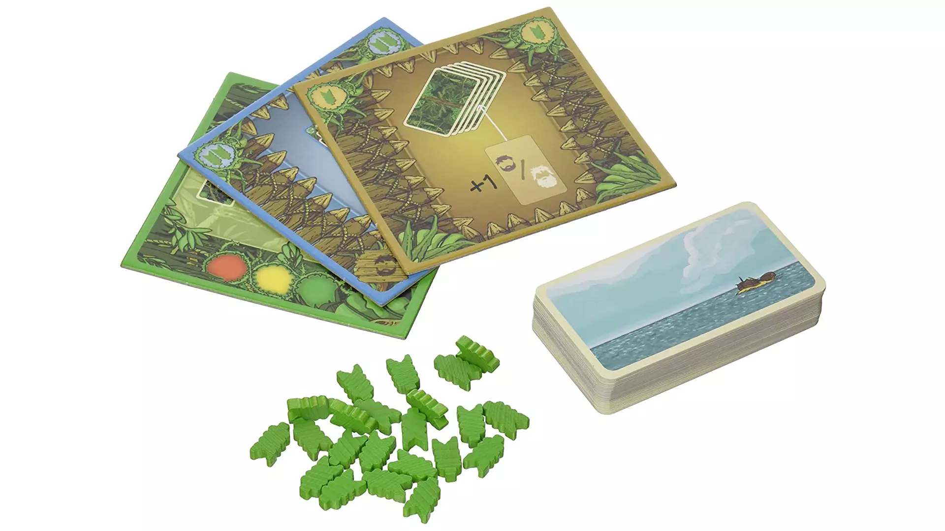 Игровые компоненты для «Пятницы», включая карты, доски для хранения и деревянные очки жизни.